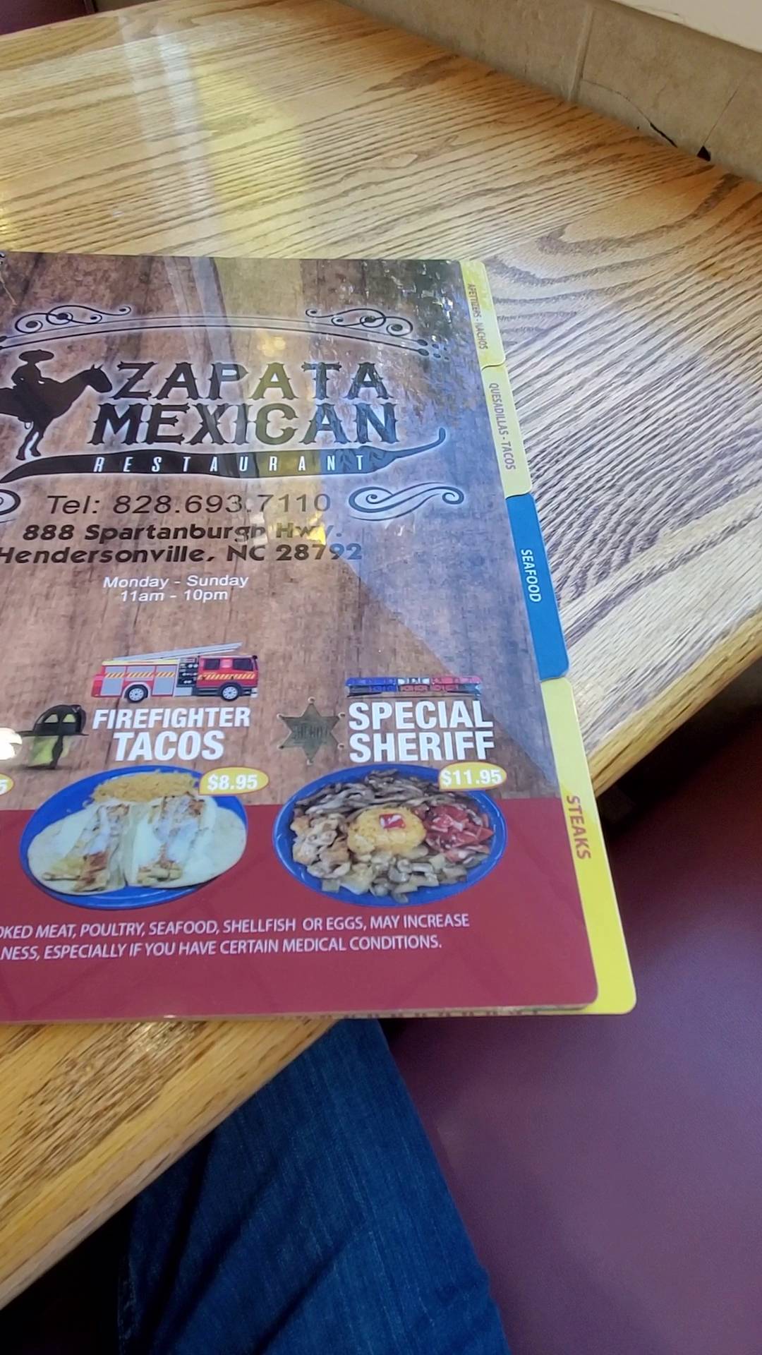 Menu at Zapata Mexican Restaurant, Hendersonville