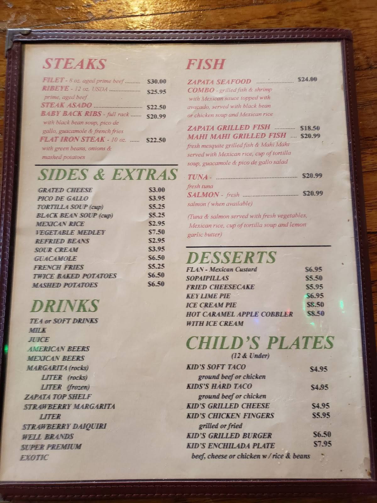 Menu at Zapata's restaurant, Texarkana