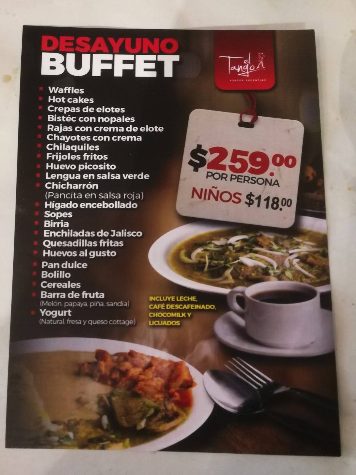 Carta del restaurante El Tango, Zapopan