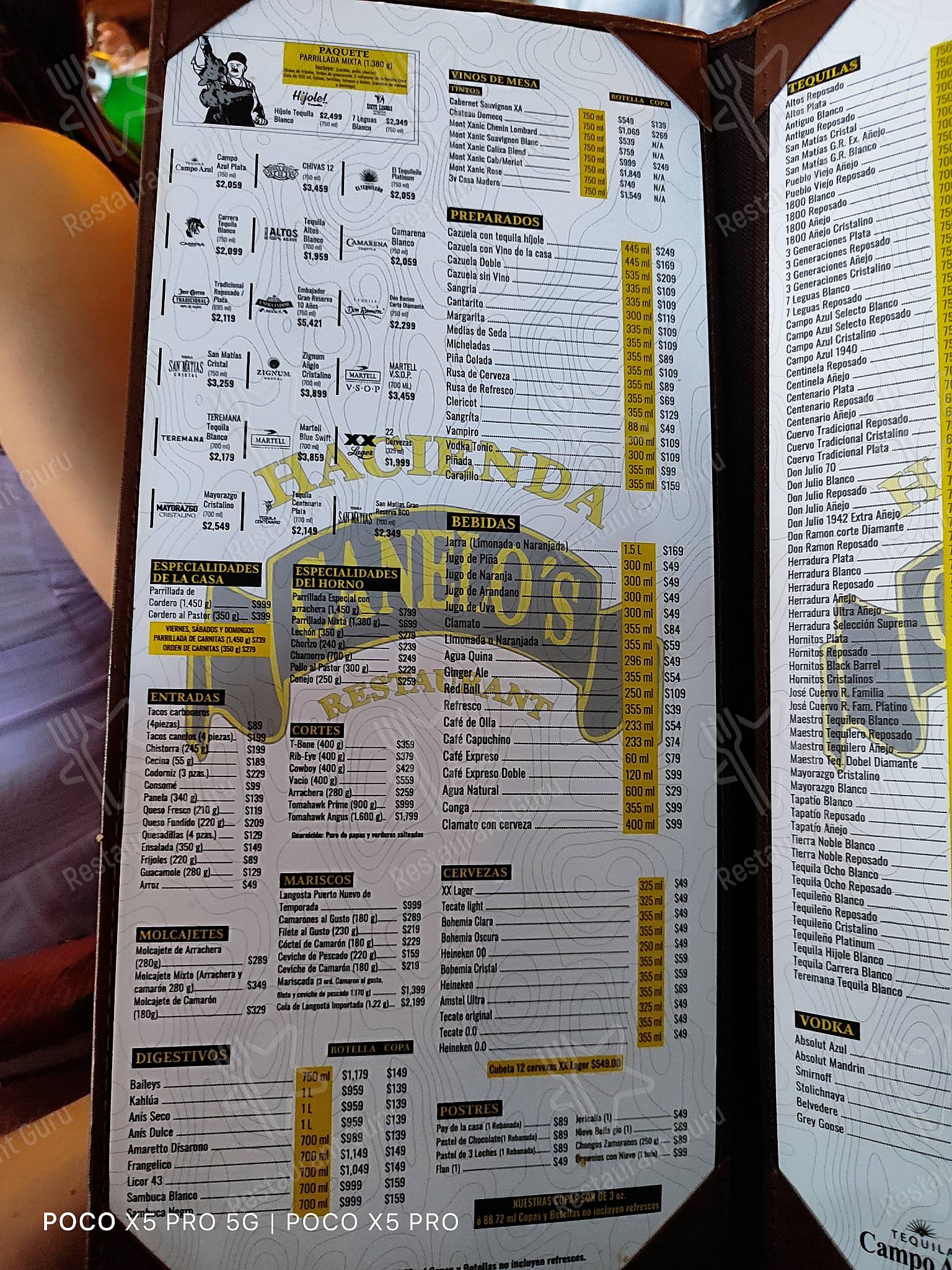 Carta del restaurante Hacienda Canelos, Zapopan