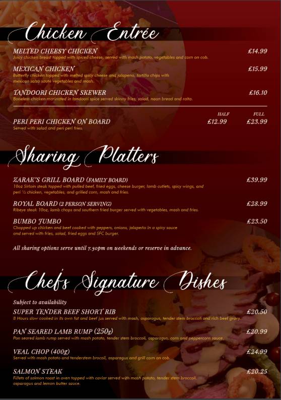Menu at Zaraks Grill Lounge restaurant, Oldham
