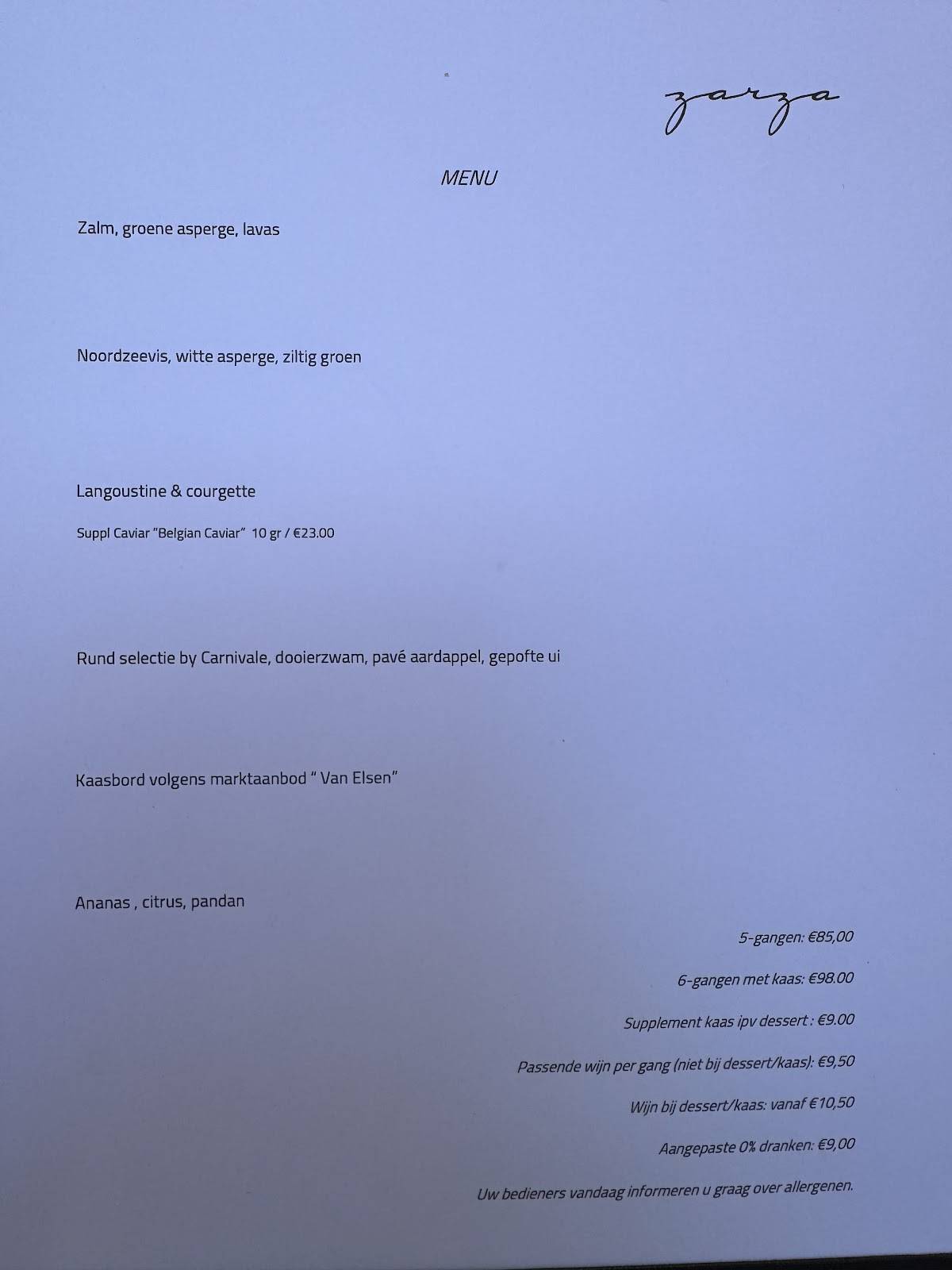Menu at Zarza, Leuven