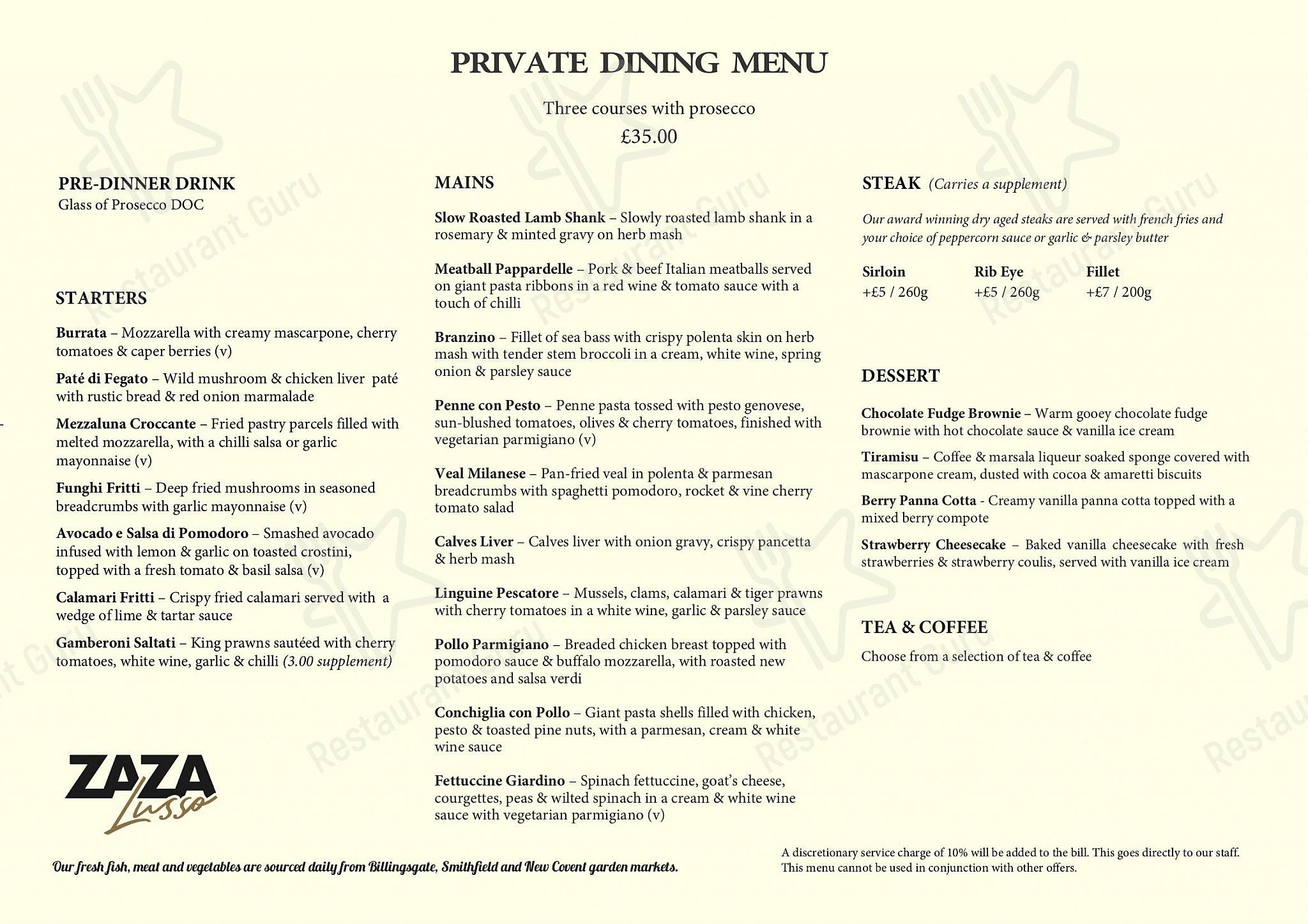Menu at Zaza restaurant, Amersham