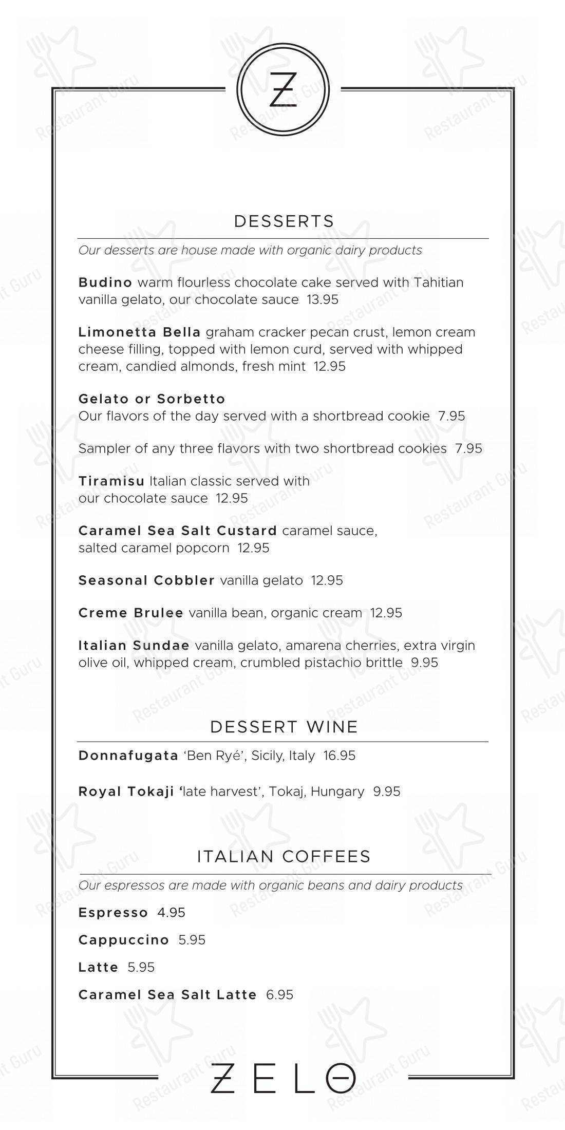 Menu at Zelo restaurant, Minneapolis