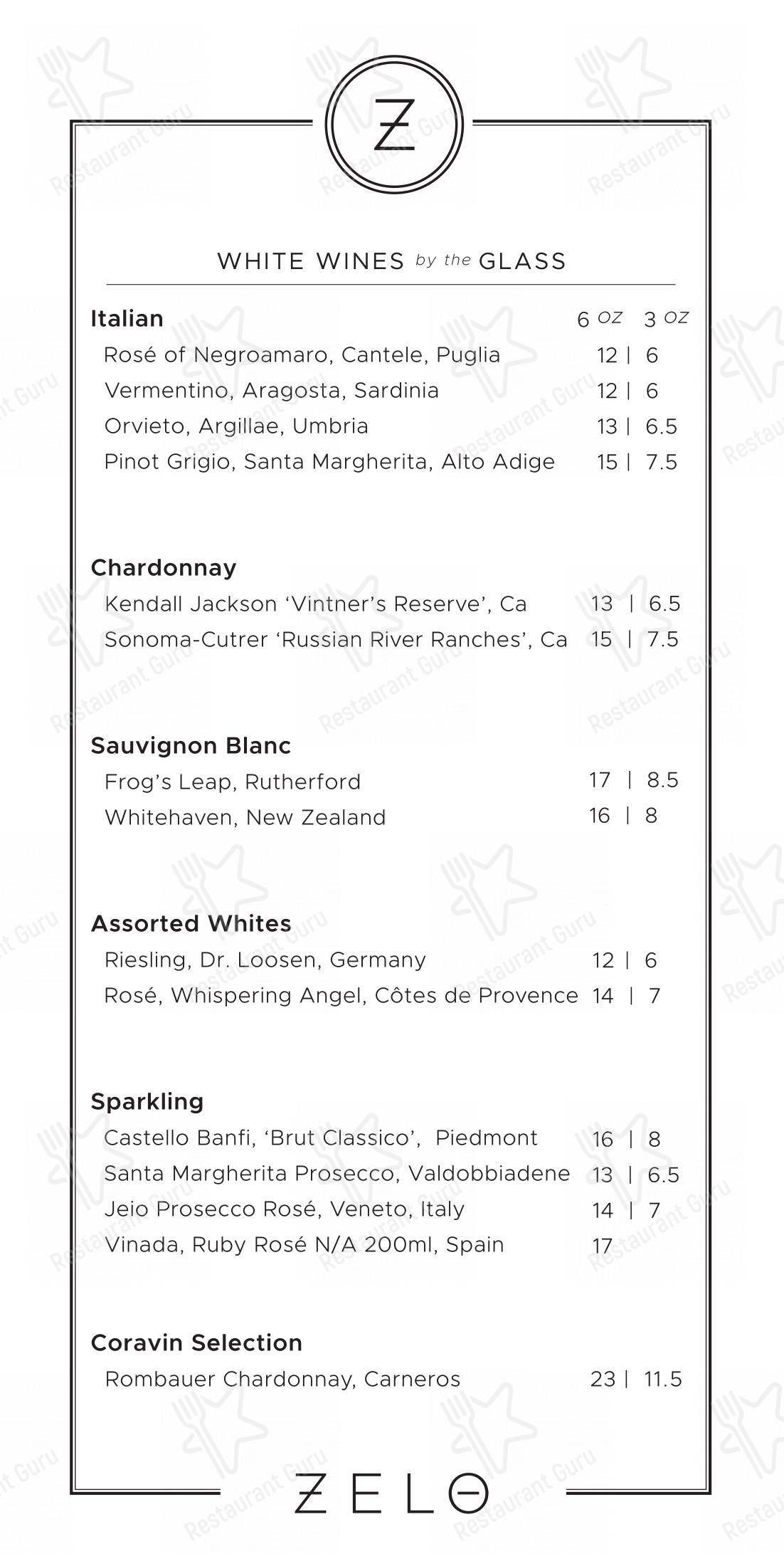 Menu at Zelo restaurant, Minneapolis