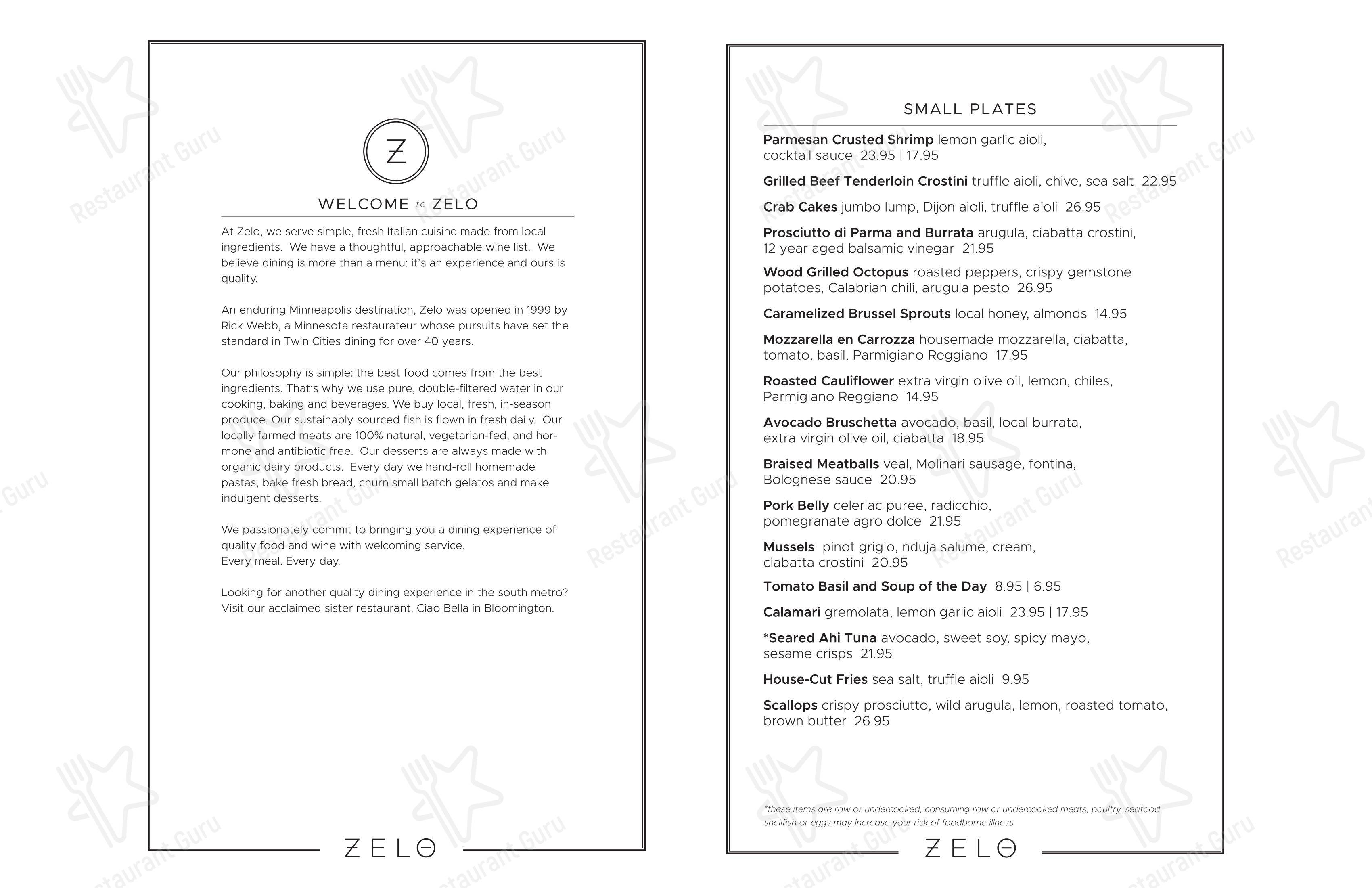 Menu at Zelo restaurant, Minneapolis