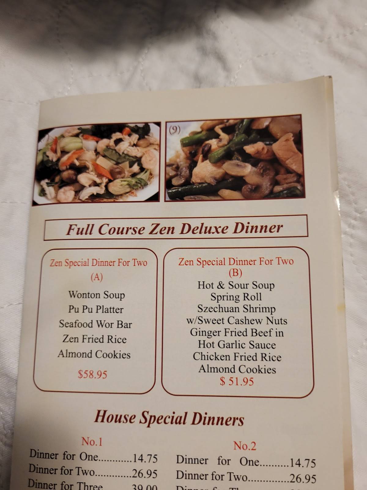 Menu at Zen Chinese Cuisine restaurant, Halifax