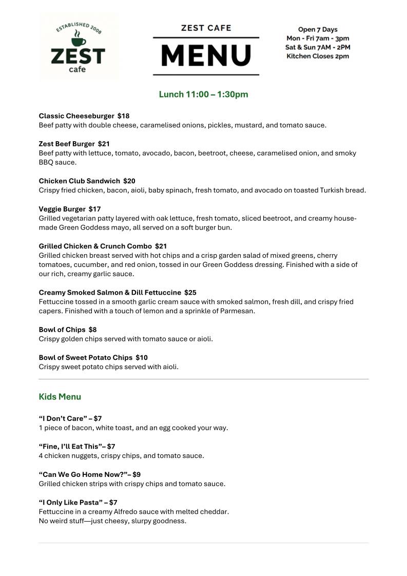 Menu at Zest Cafe, Nowra