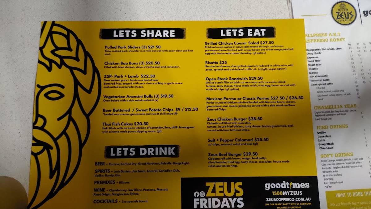 Menu at Zeus Coffee Co. cafe, Benalla