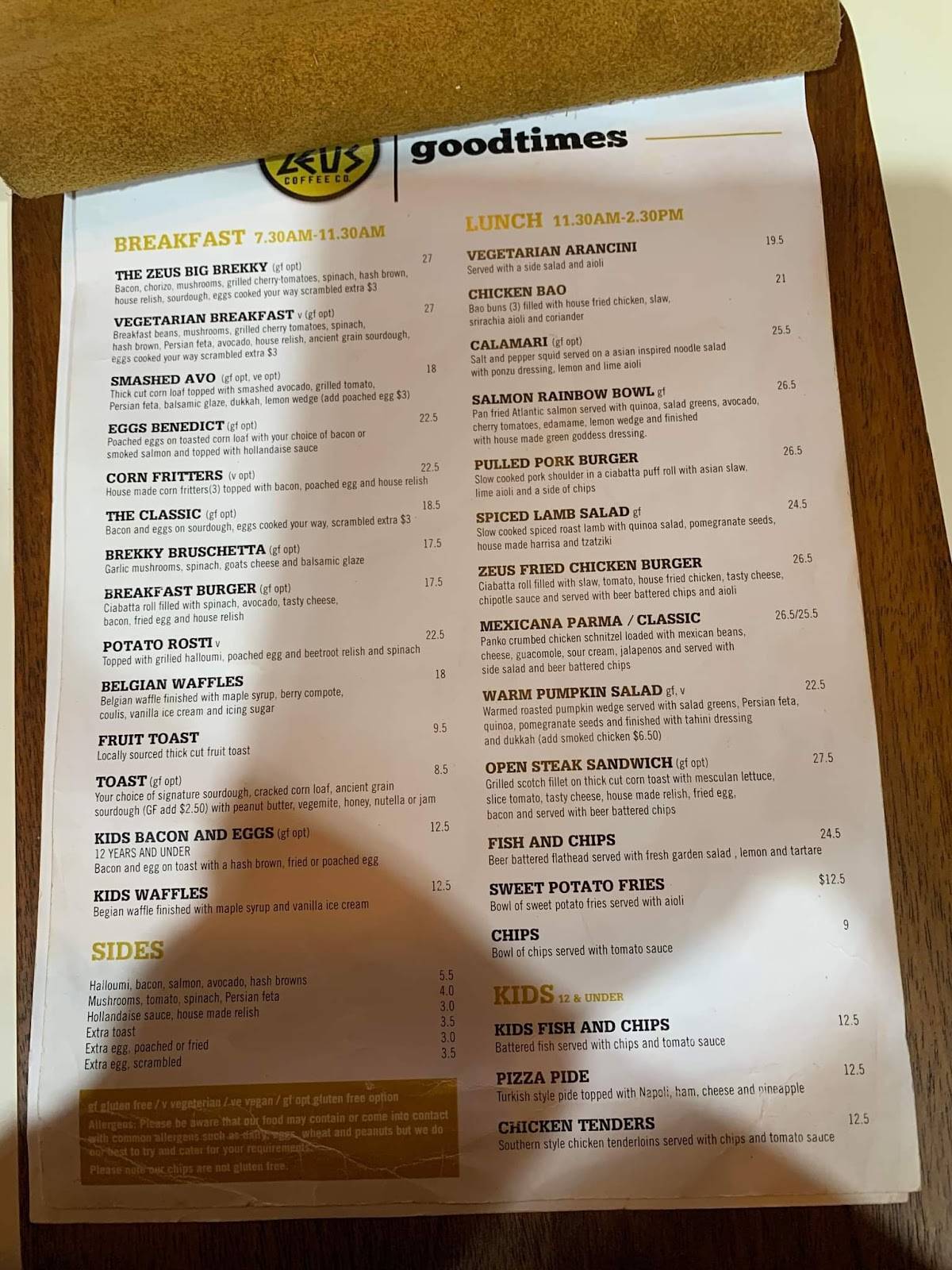 Menu at Zeus Coffee Co. cafe, Benalla
