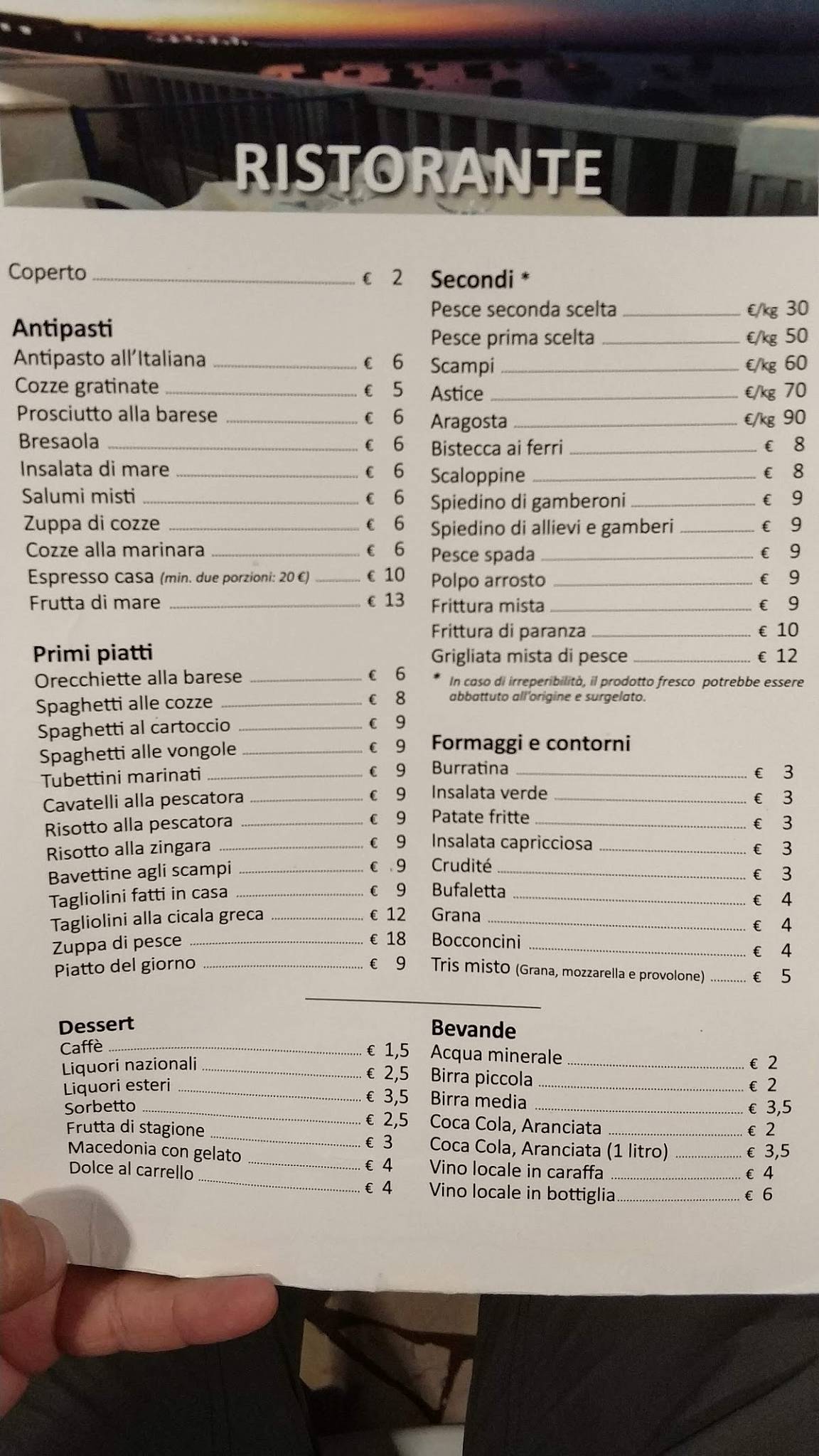 Carta del restaurante Zia Teresa, Bari