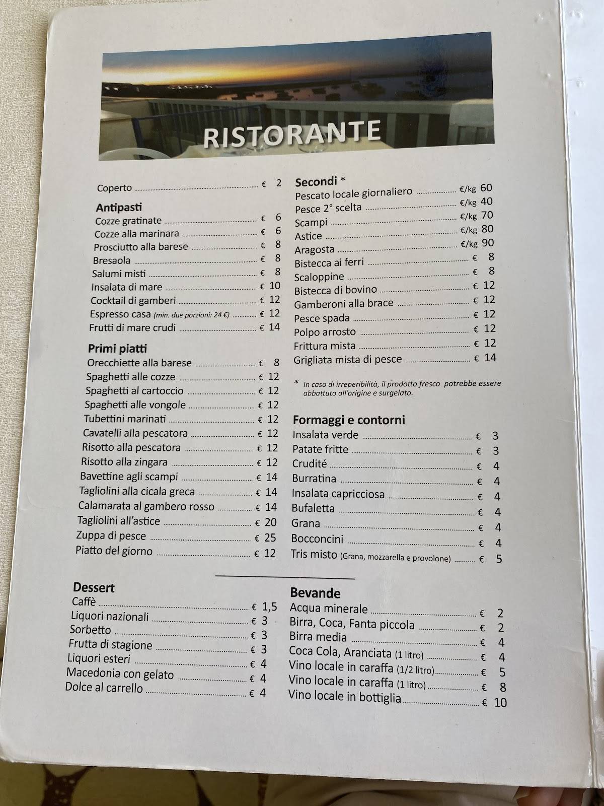 Menu da Zia Teresa ristorante, Bari