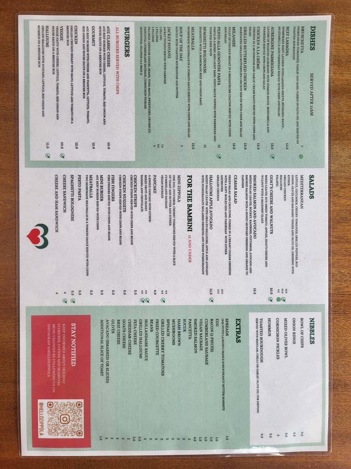Menu at Zippola cafe, Enfield