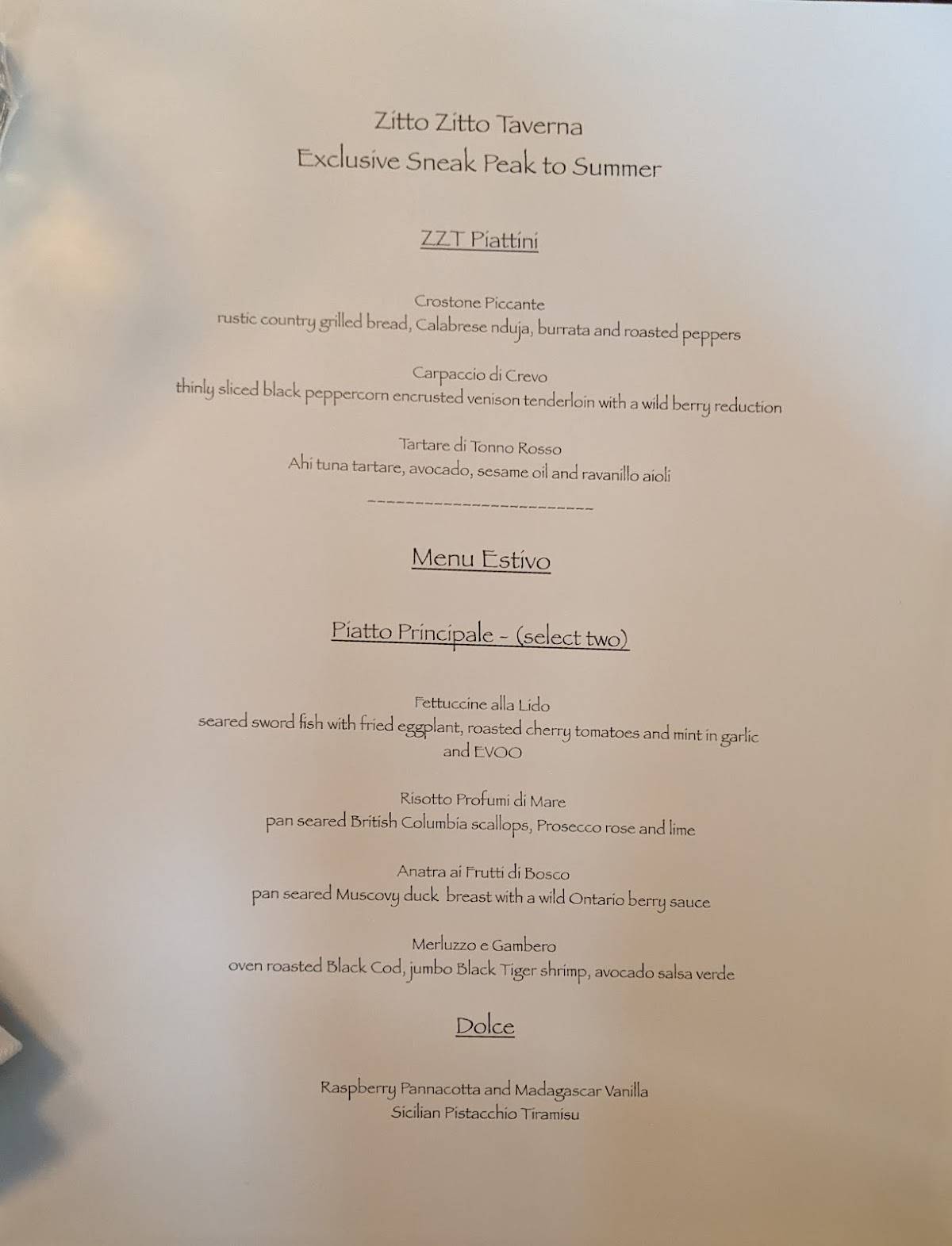 Menu at Zitto Zitto Taverna restaurant, Toronto