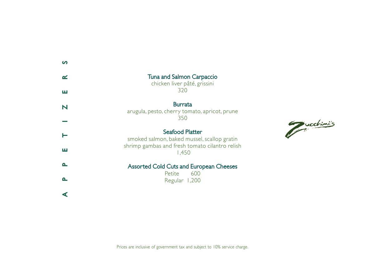 Carta de Zucchini's Restaurant, Ciudad Quezon, Sct. Tuason cor. Sct. Castor