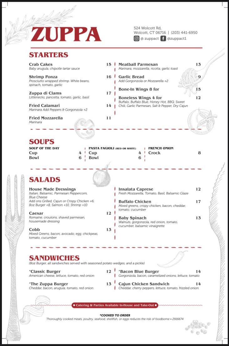 Menu at Zuppa - Unique Italian Pub, Wolcott