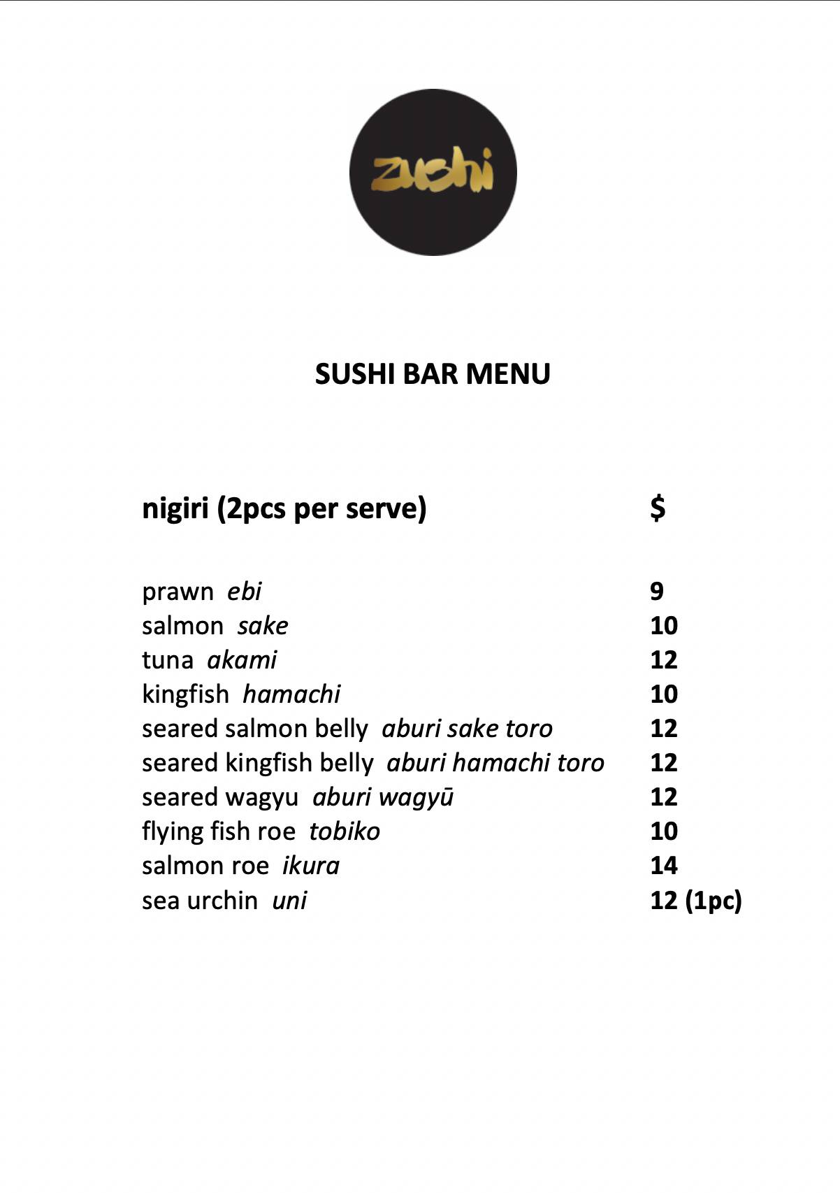 Menu at Zushi restaurant, Barangaroo, Barangaroo Alexander Shop 10 33 ...