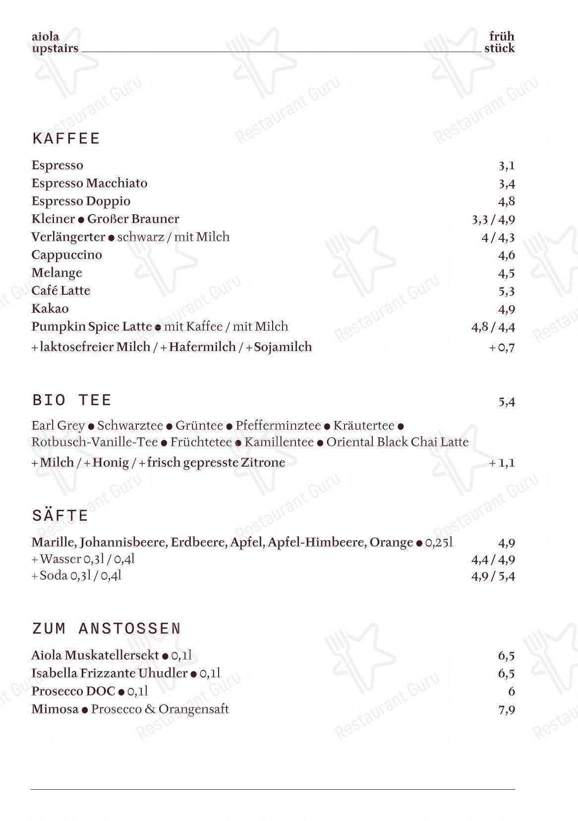 Speisekarte von aiola upstairs restaurant, Graz, Schloßberg 2