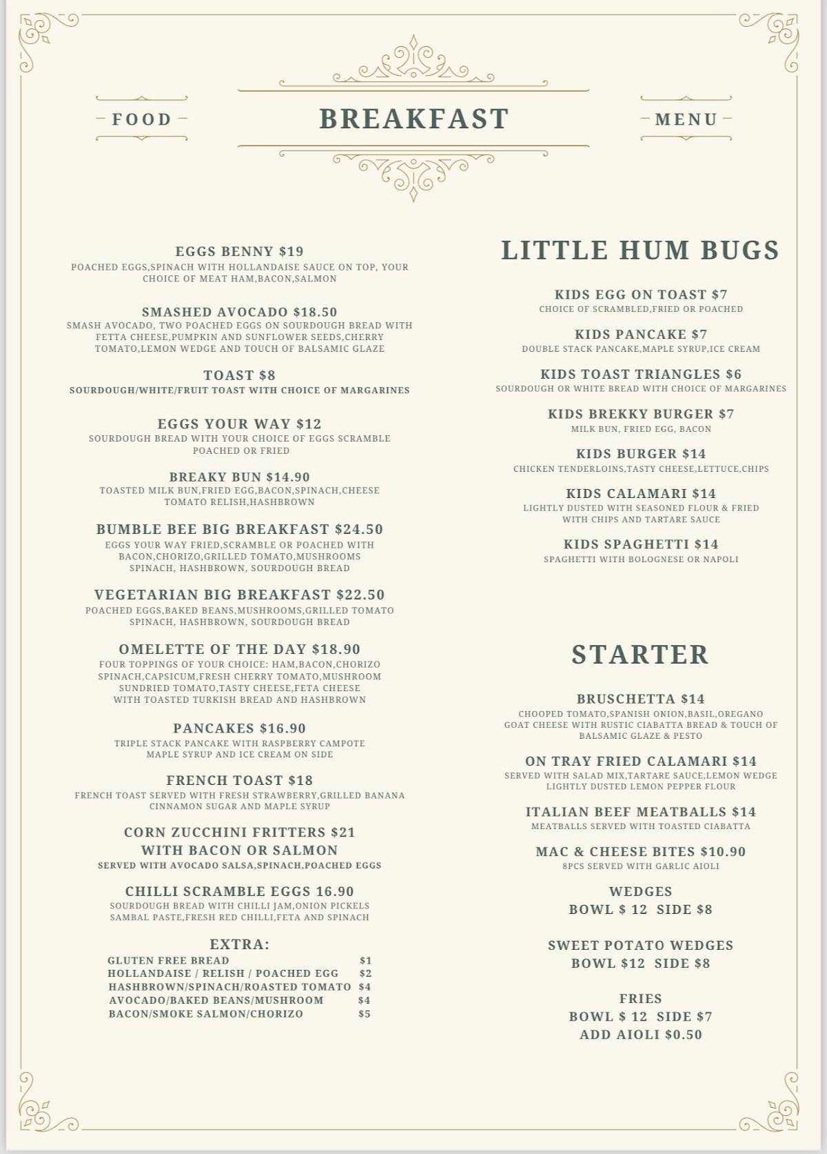 Menu at bumble bee eatery cafe, Hamlyn Heights