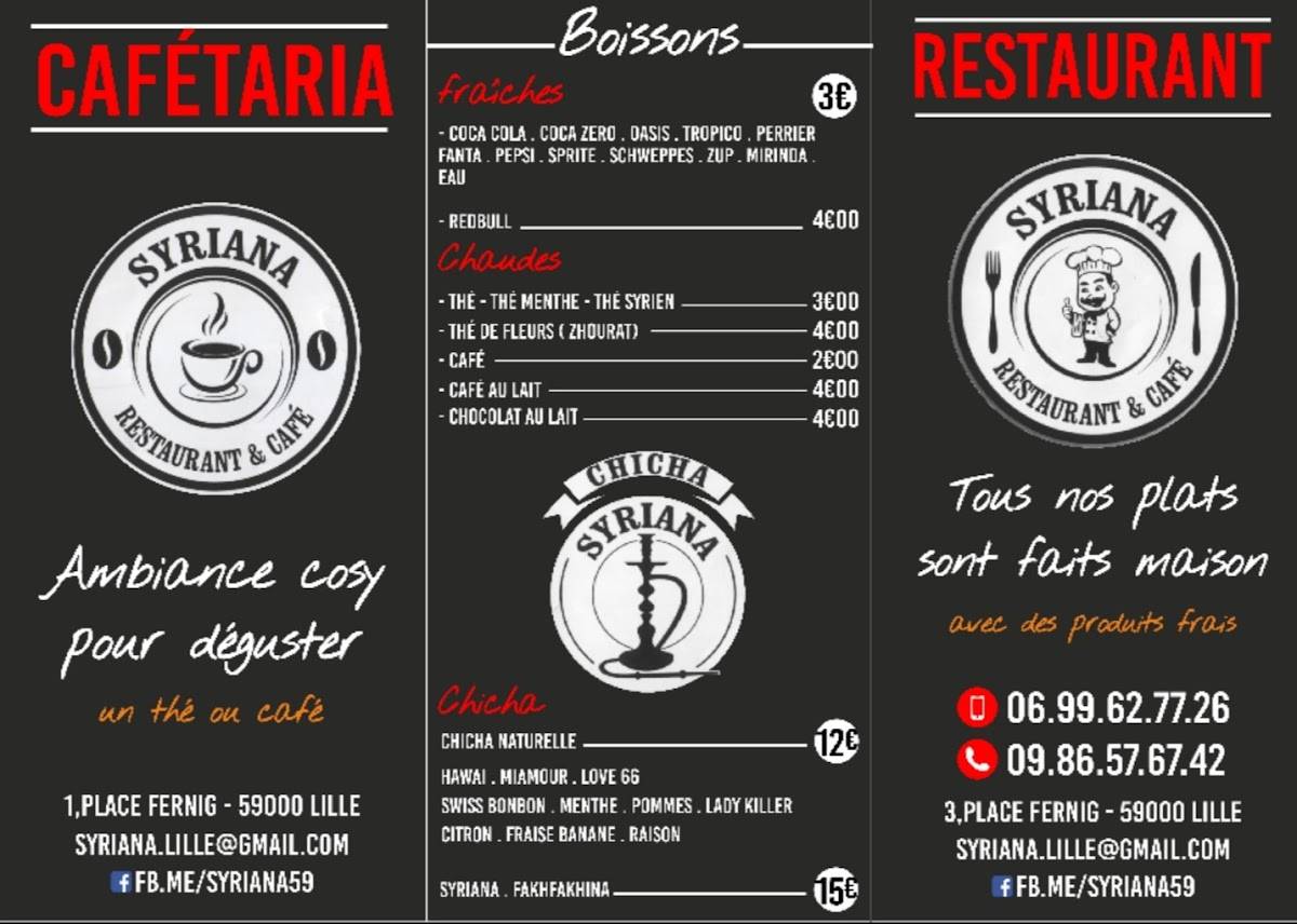 Menu at chicha syriana pub & bar, Lille