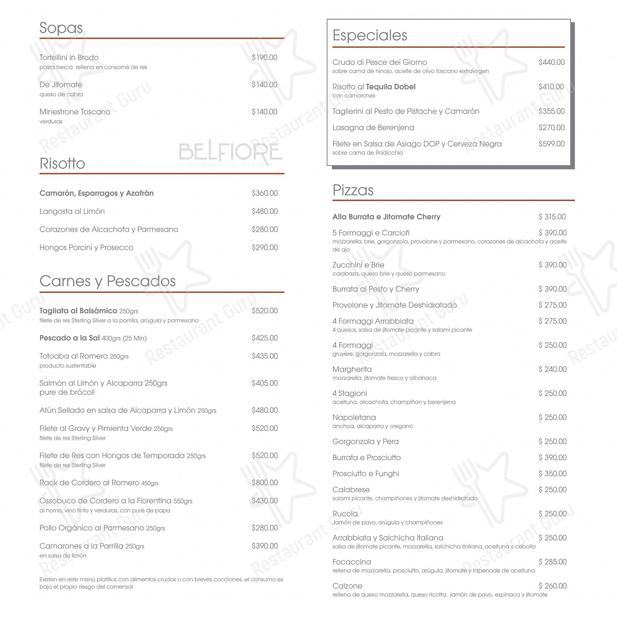 Carta del restaurante Belfiore, Ciudad del México