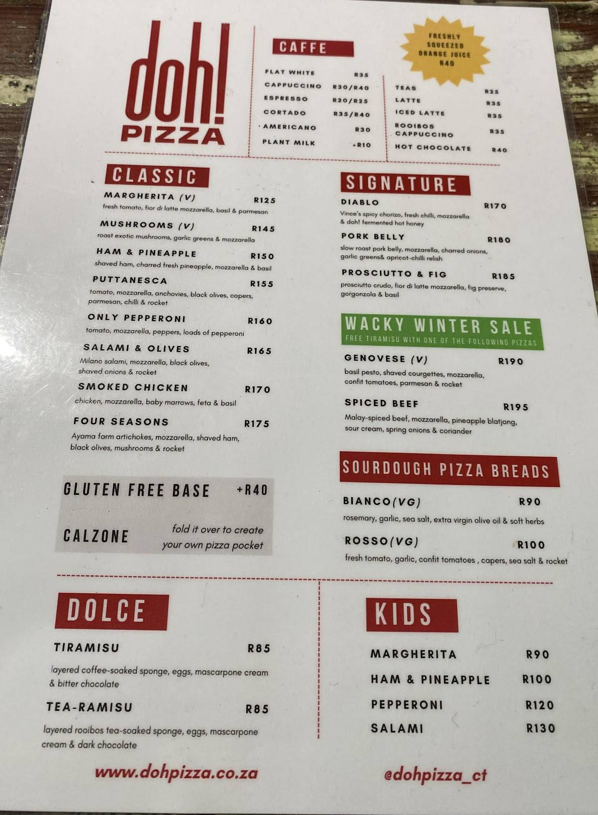 Menu at doh! Pizza restaurant, Cape Town
