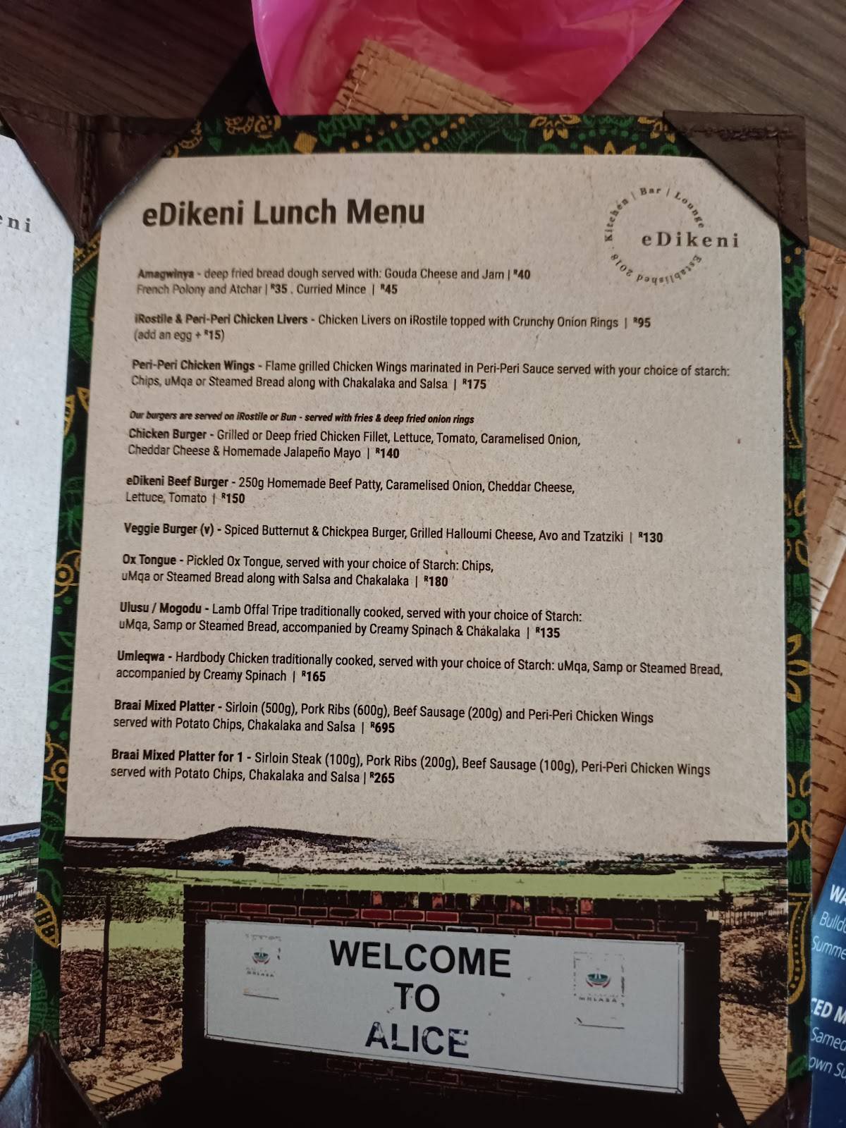 Menu at eDikeni Gqeberha restaurant, South Africa