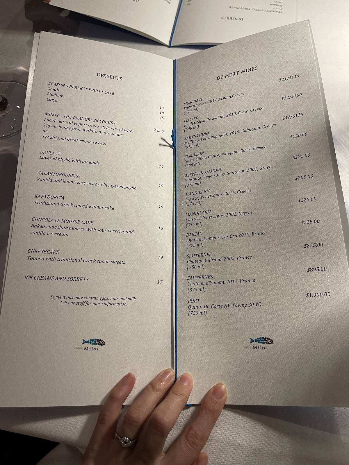 Menu at estiatorio Milos Midtown restaurant, New York City, 125 W 55th St