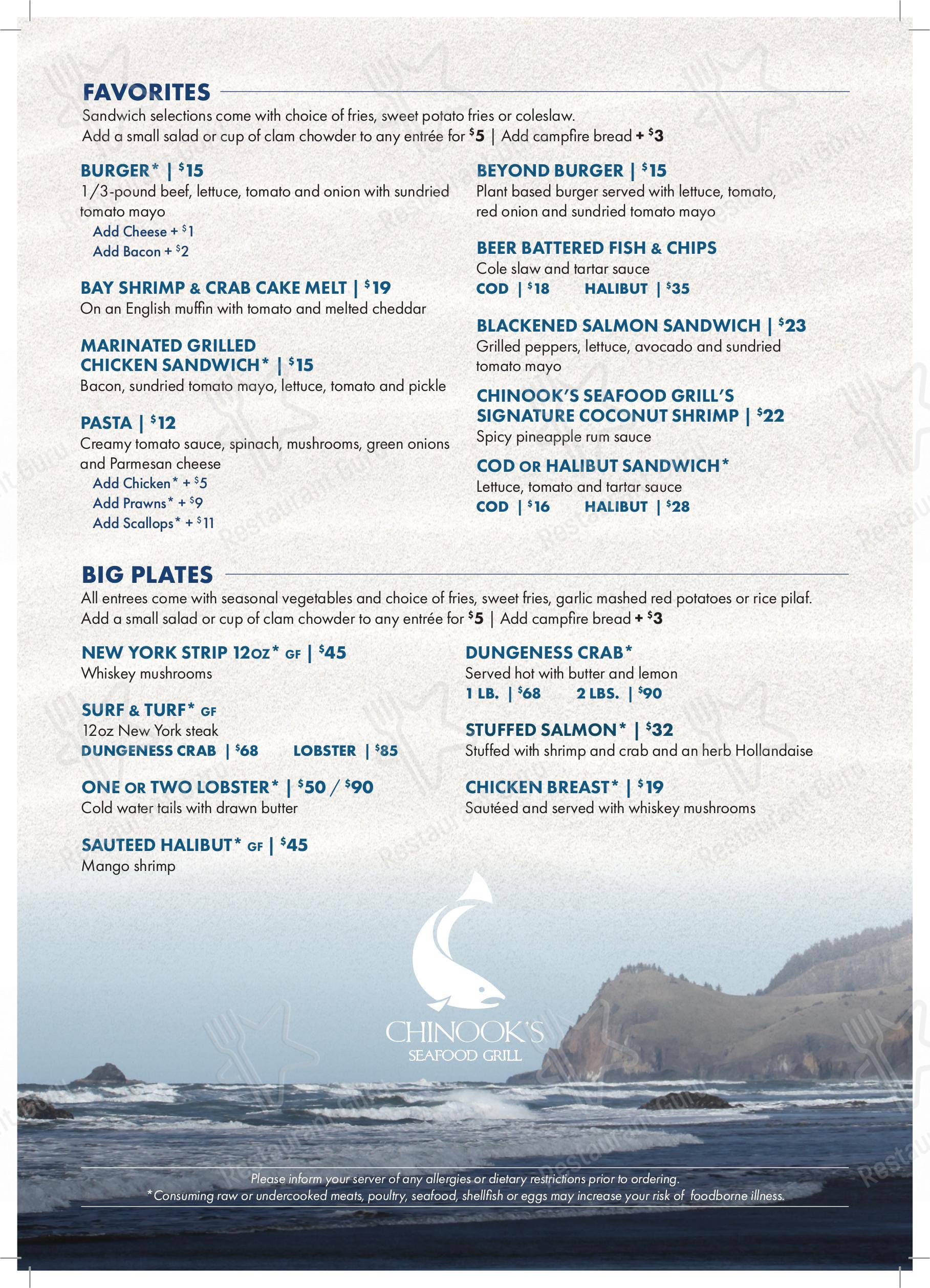 Menu at Chinook's Seafood Grill restaurant, Lincoln City