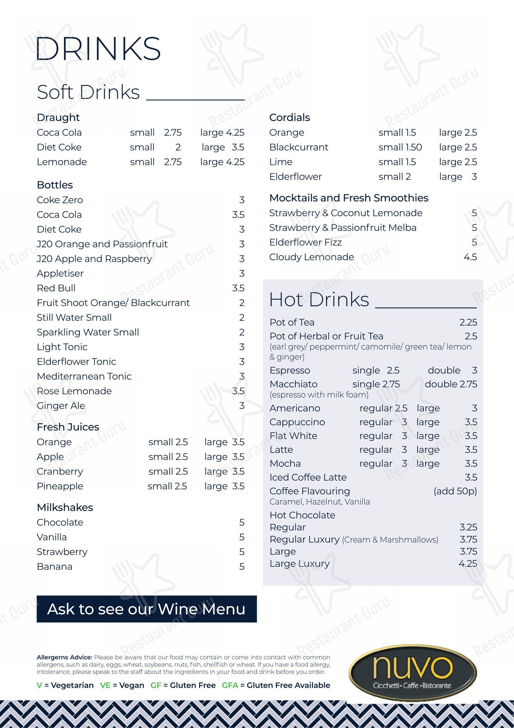 Menu at nuvo restaurant, Poulton-le-Fylde