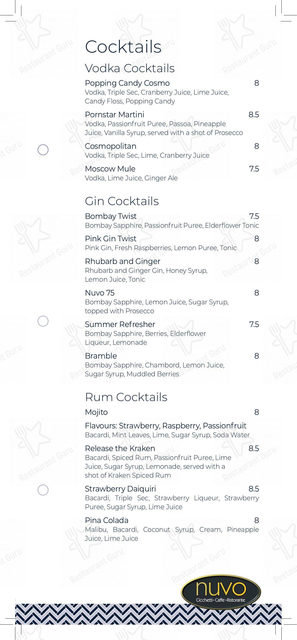 Menu at nuvo restaurant, Poulton-le-Fylde