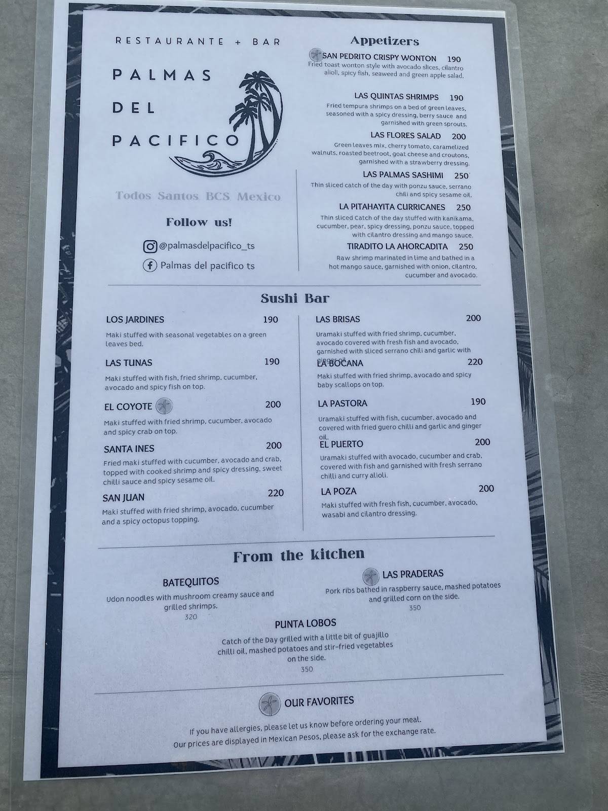 Menu at palmas del pacifico ts restaurant, Todos Santos