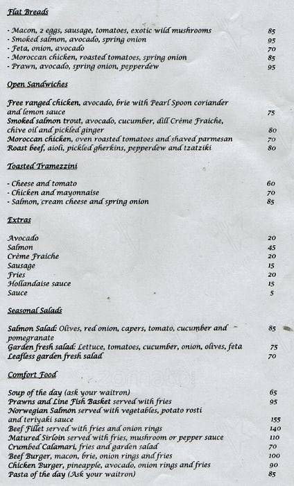 Menu at Pearl Spoon restaurant, Cape Town, 44 Belvedere Rd