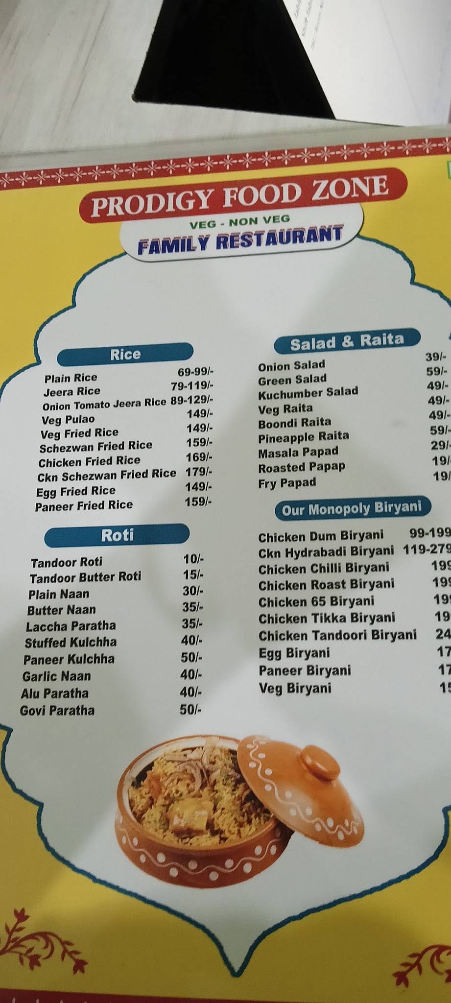 Menu at prodigy food zone, Nuapada