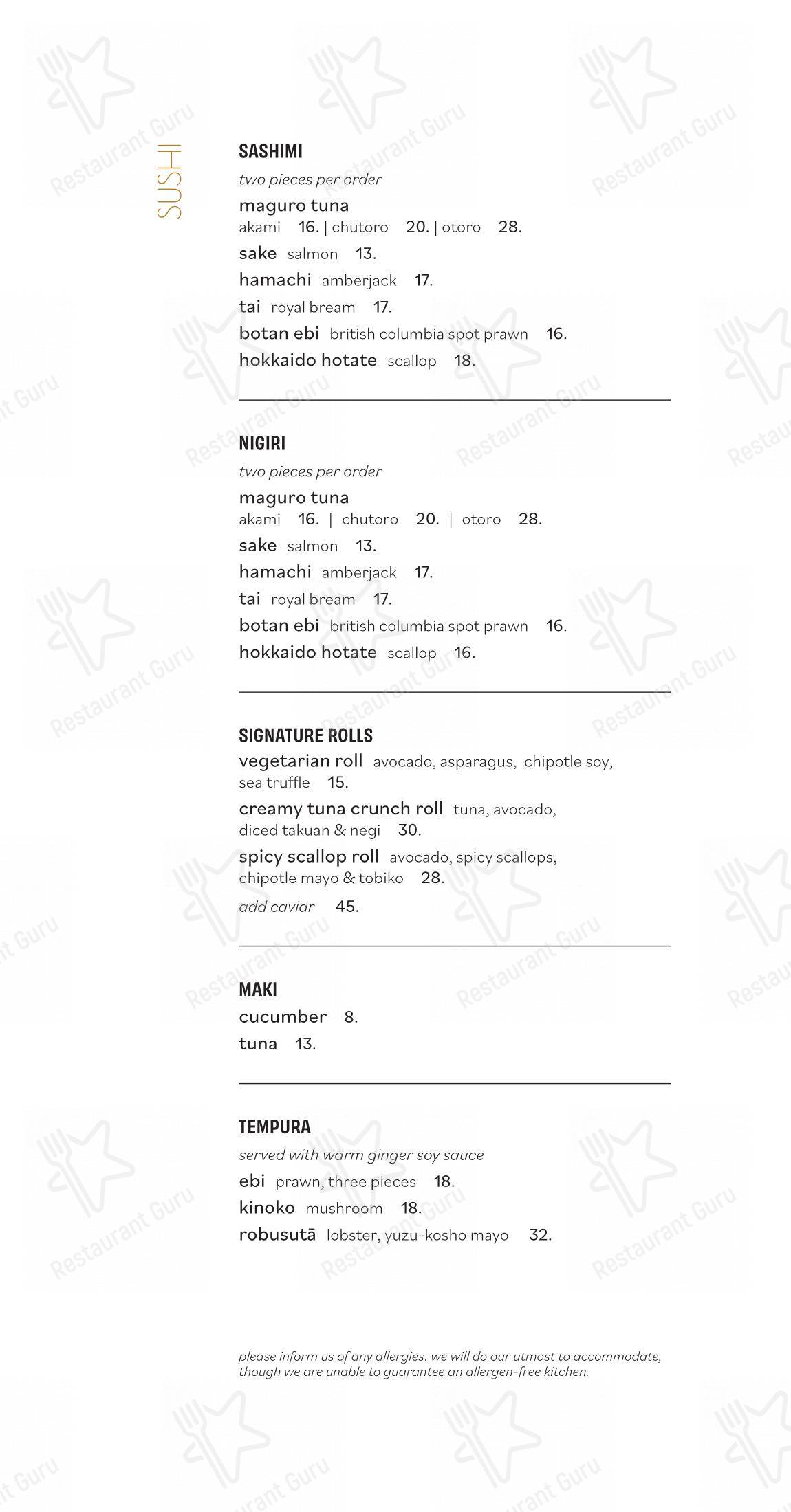 Menu at Aera restaurant, Toronto