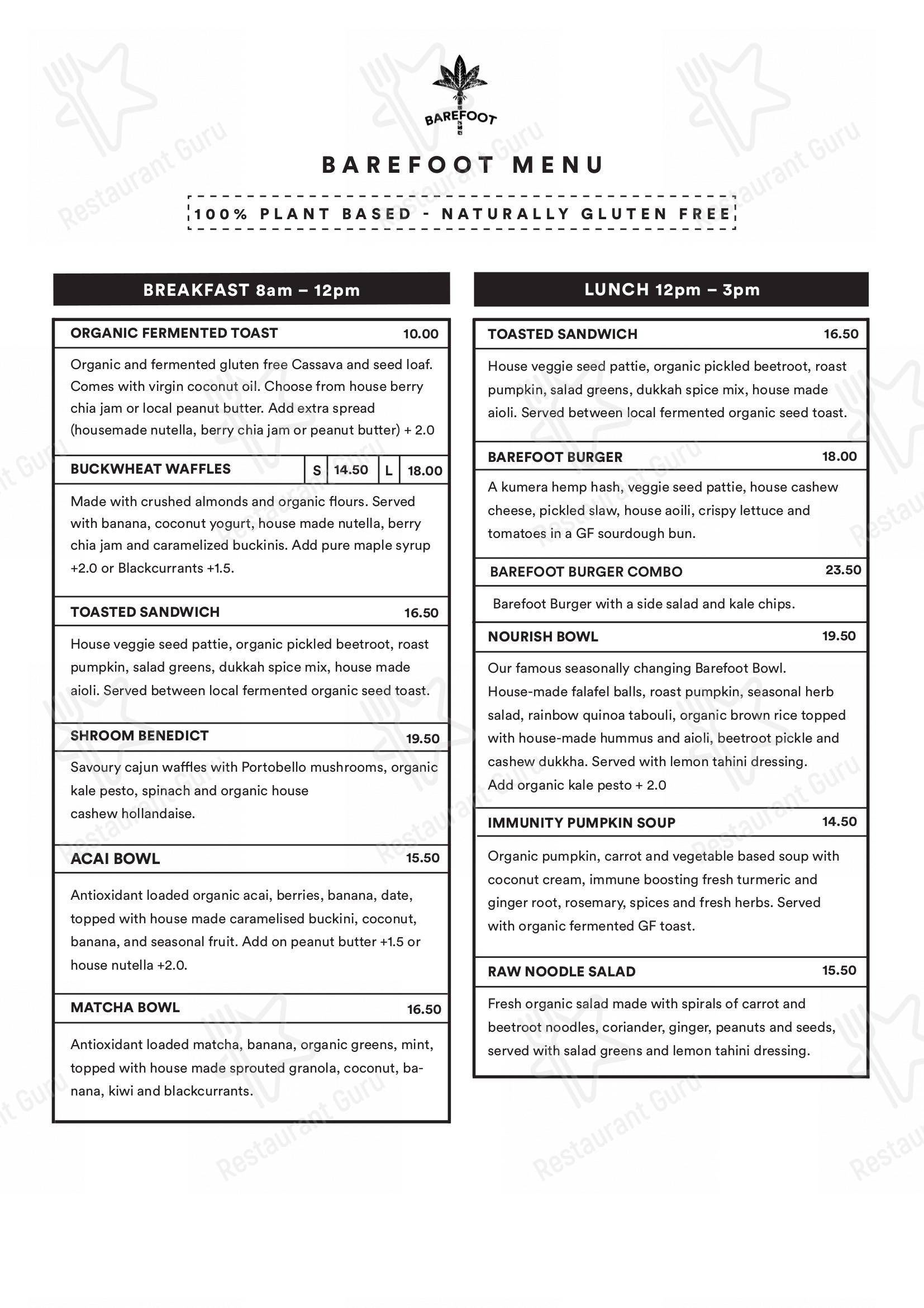 Menu at Barefoot Eatery, Christchurch