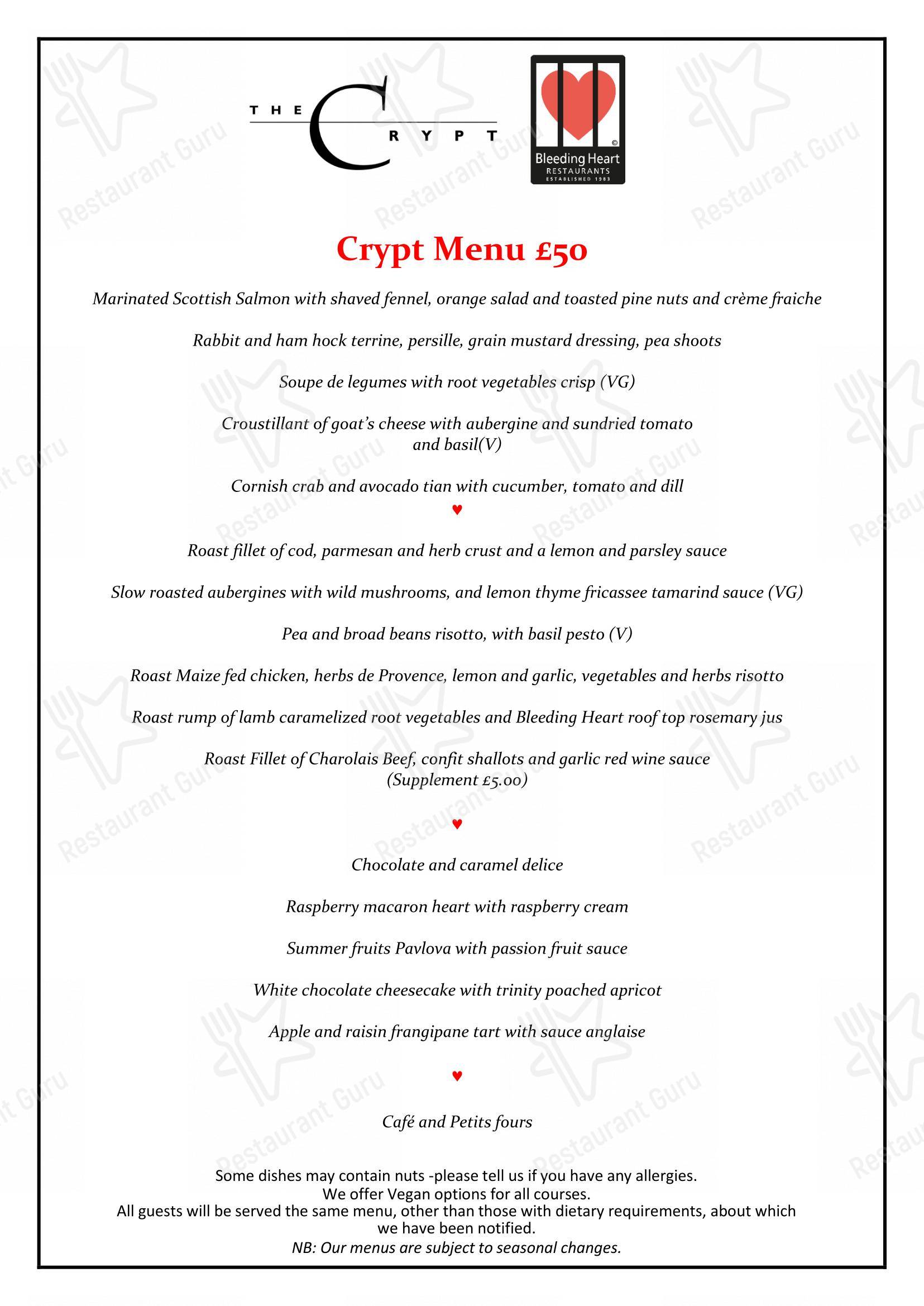 Menu at Bleeding Heart Bistro restaurant, London, 7 Bleeding Heart Yard