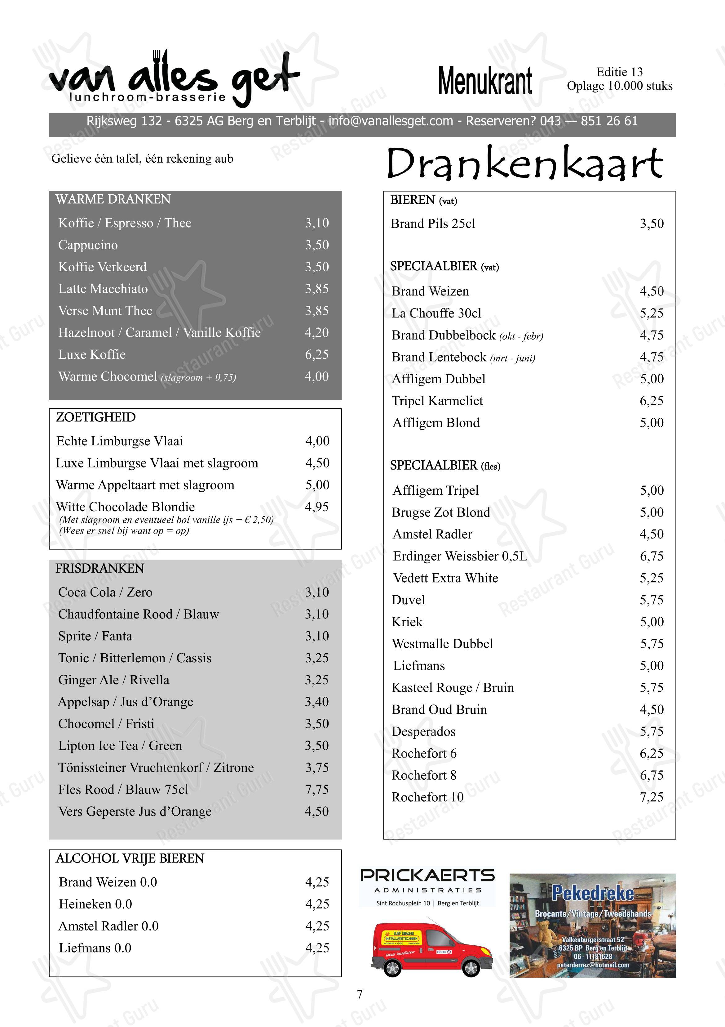 Menu bij Brasserie Van Alles Get restaurant, Berg en Terblijt
