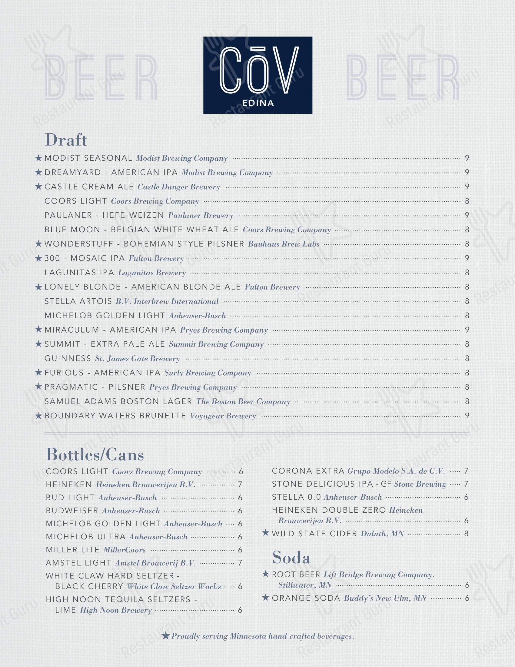 Menu at COV Edina pub & bar, Edina