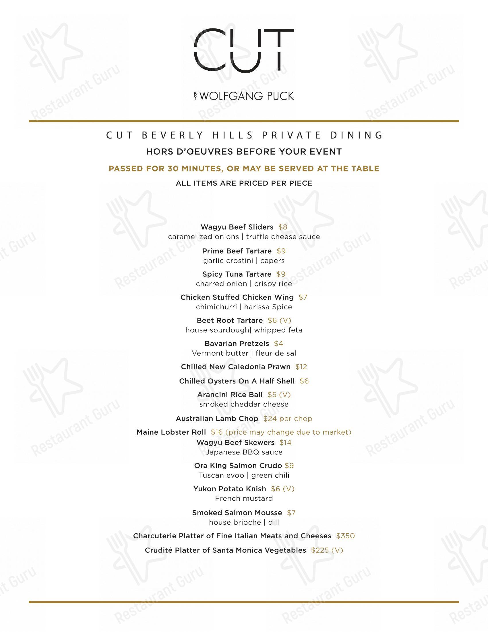 Menu at CUT Beverly Hills steakhouse, Beverly Hills