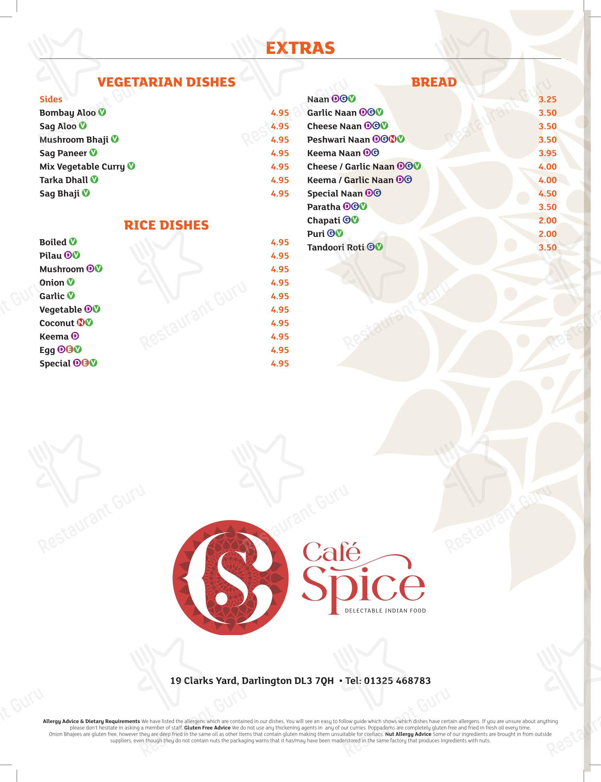 Menu at Cafe Spice, Darlington, 19 Clark's Yard