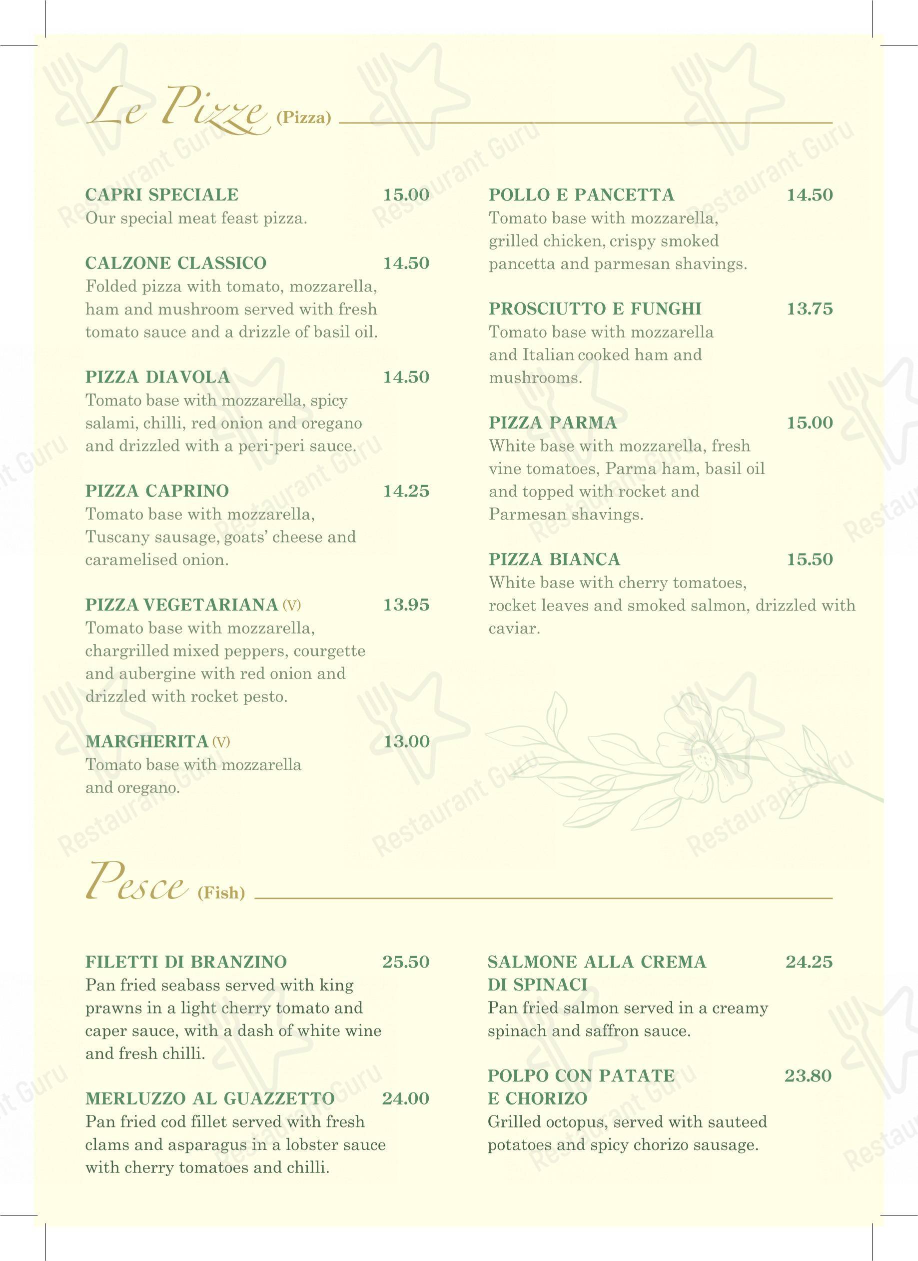 Menu at Capri Mirfield restaurant, Mirfield