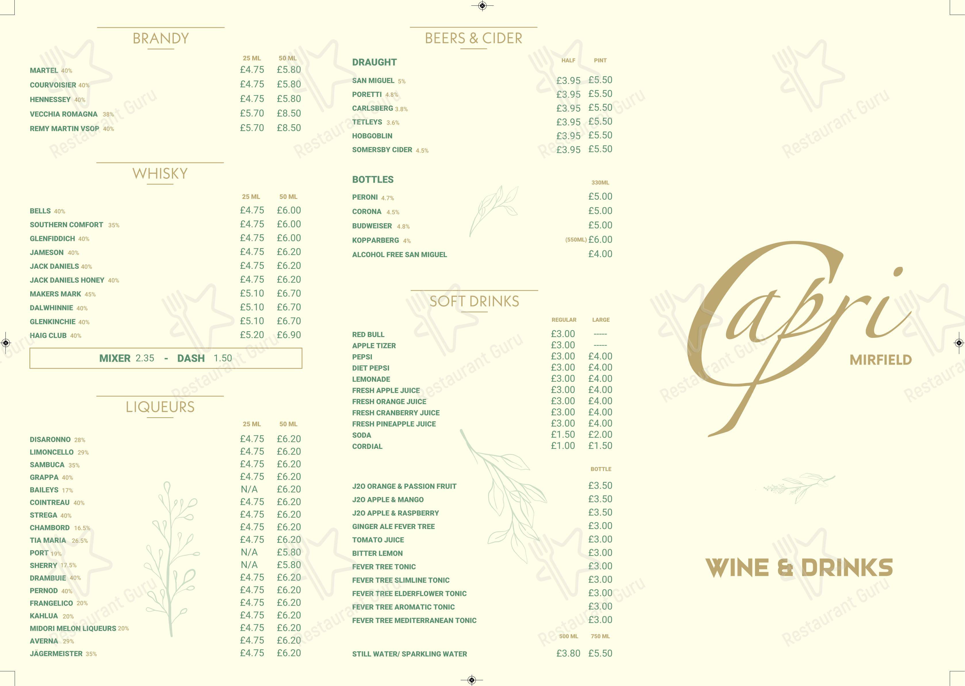 Menu at Capri Mirfield restaurant, Mirfield