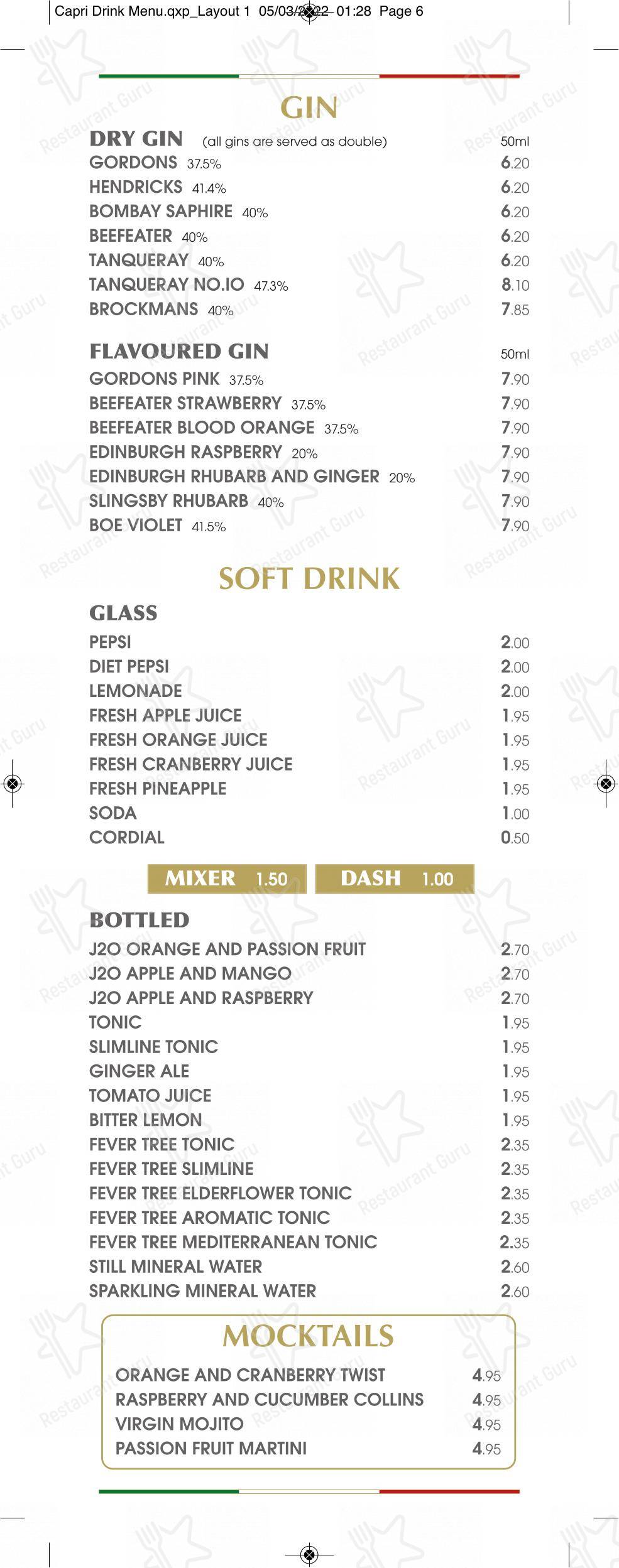 Menu at Capri at the Containers restaurant, Leeds