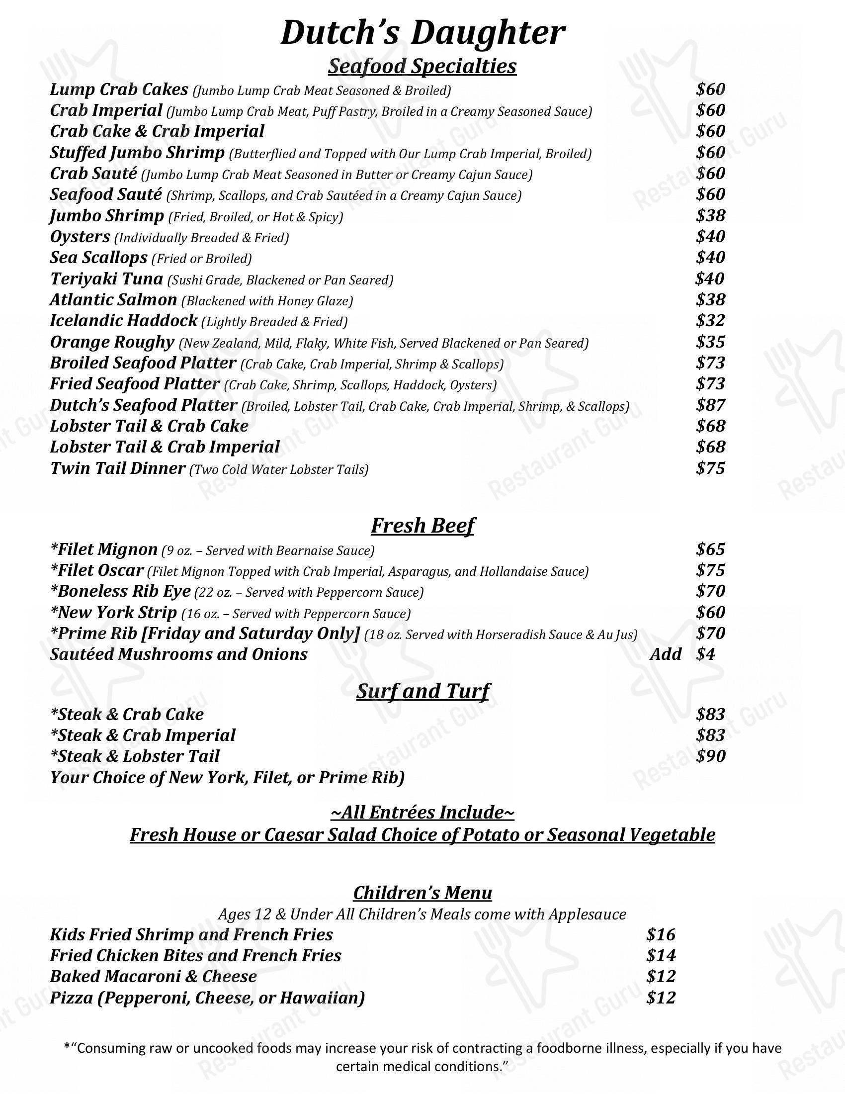 Menu at Dutch's Daughter steakhouse, Frederick, 581 Himes Ave