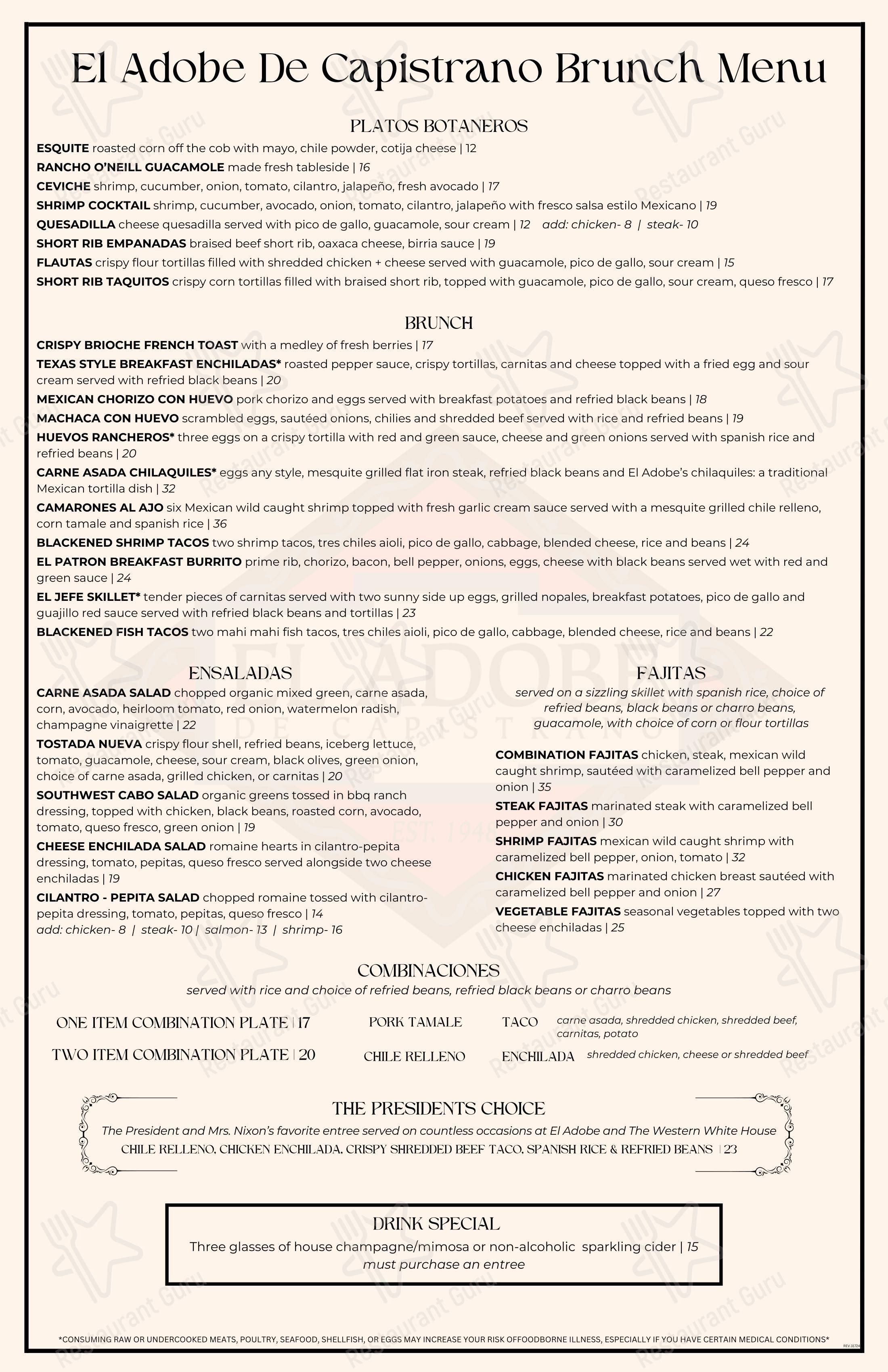 Menu at El Adobe de Capistrano restaurant, San Juan Capistrano