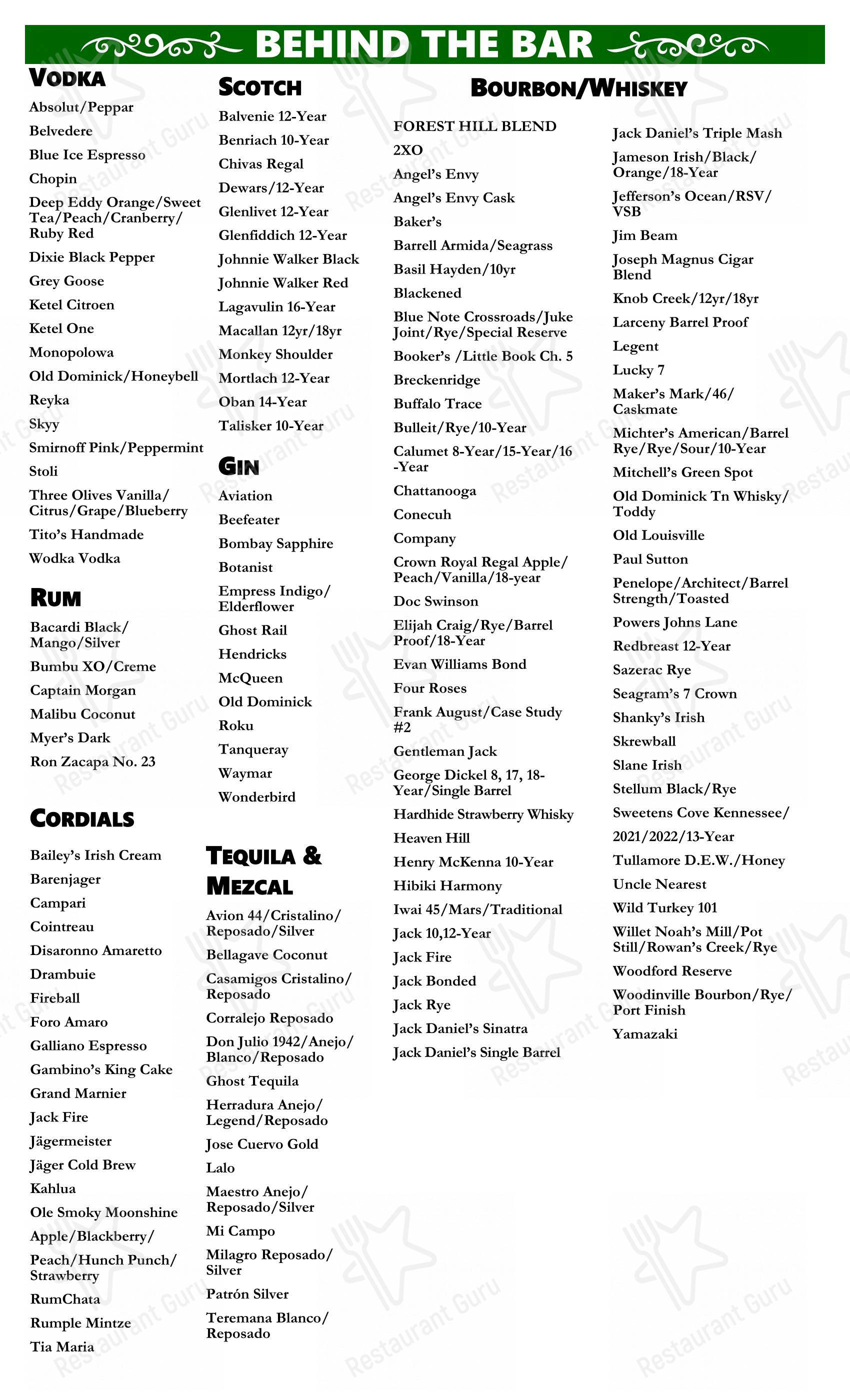 Menu at Forest Hill Grill restaurant, Germantown