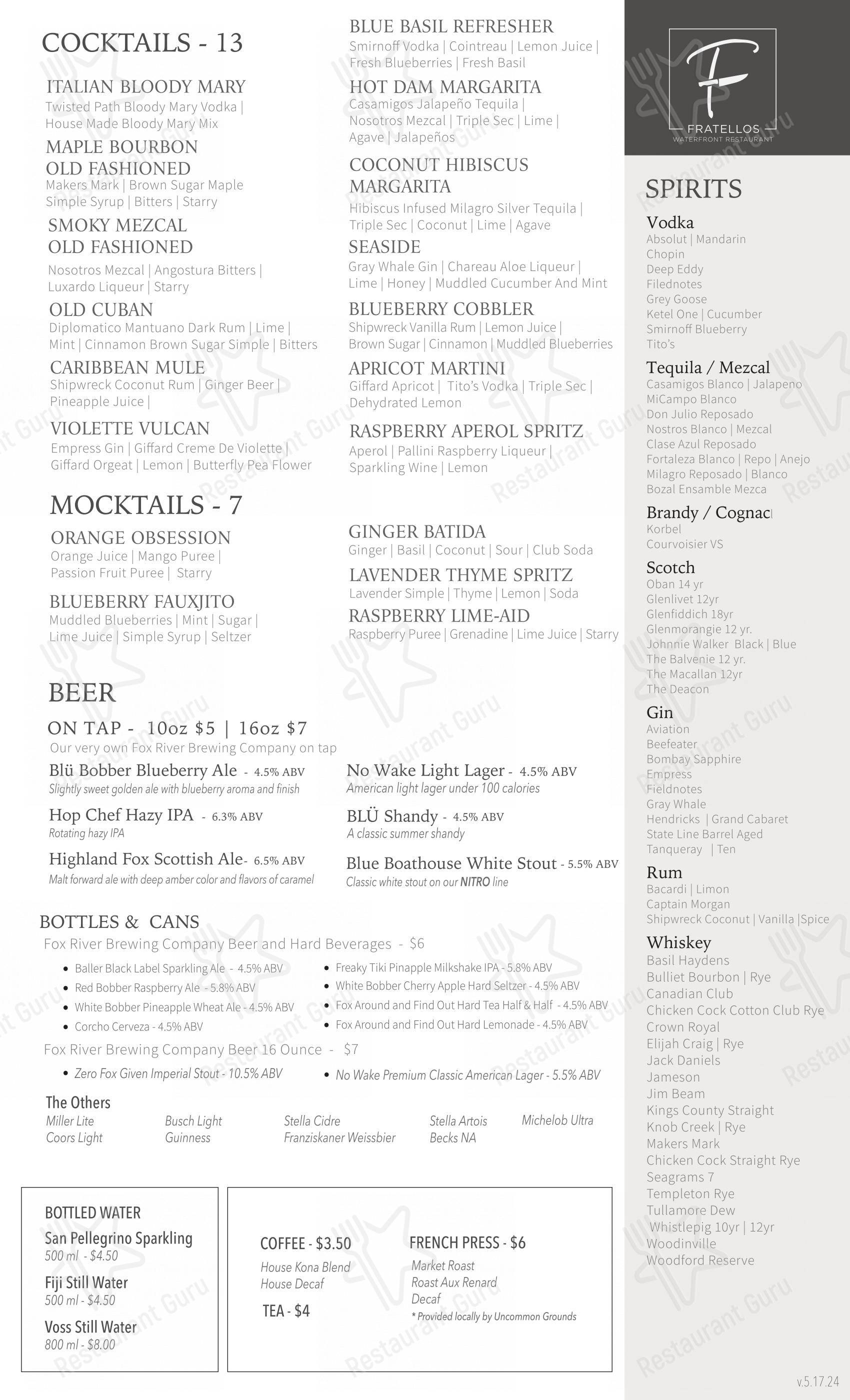 Menu at Fratellos Riverfront Restaurant, Appleton