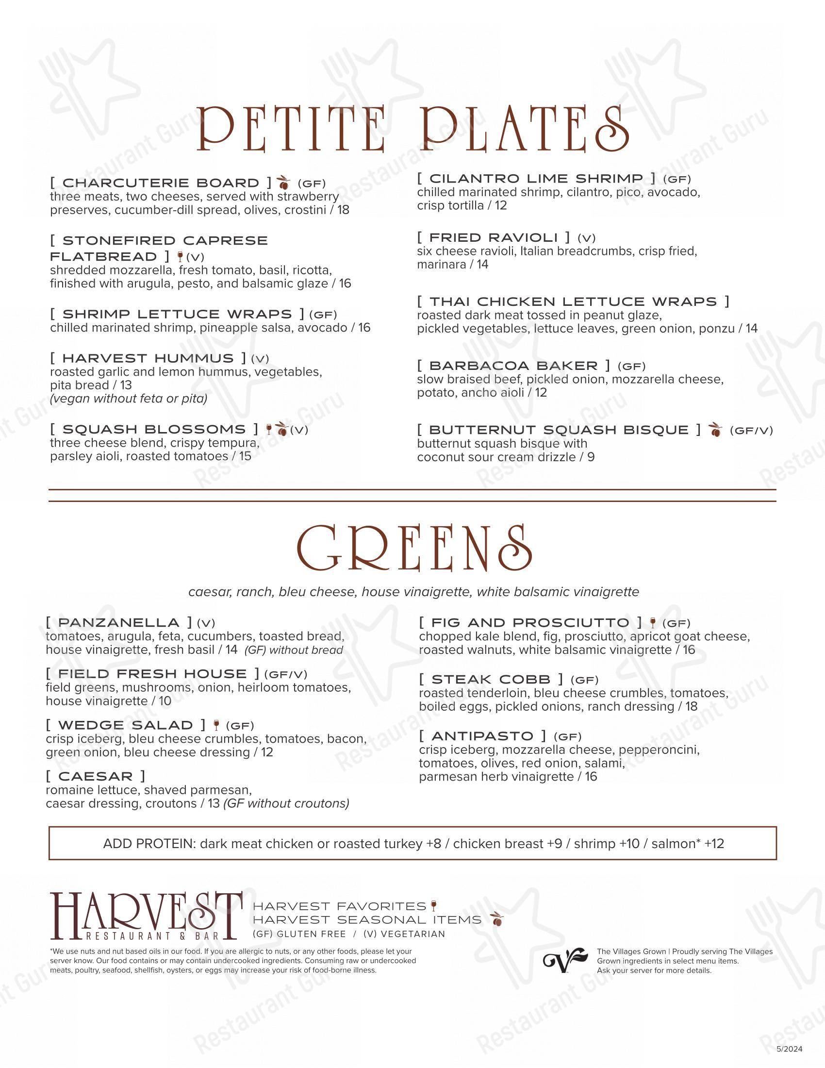 Menu at Harvest Restaurant & Bar, The Villages