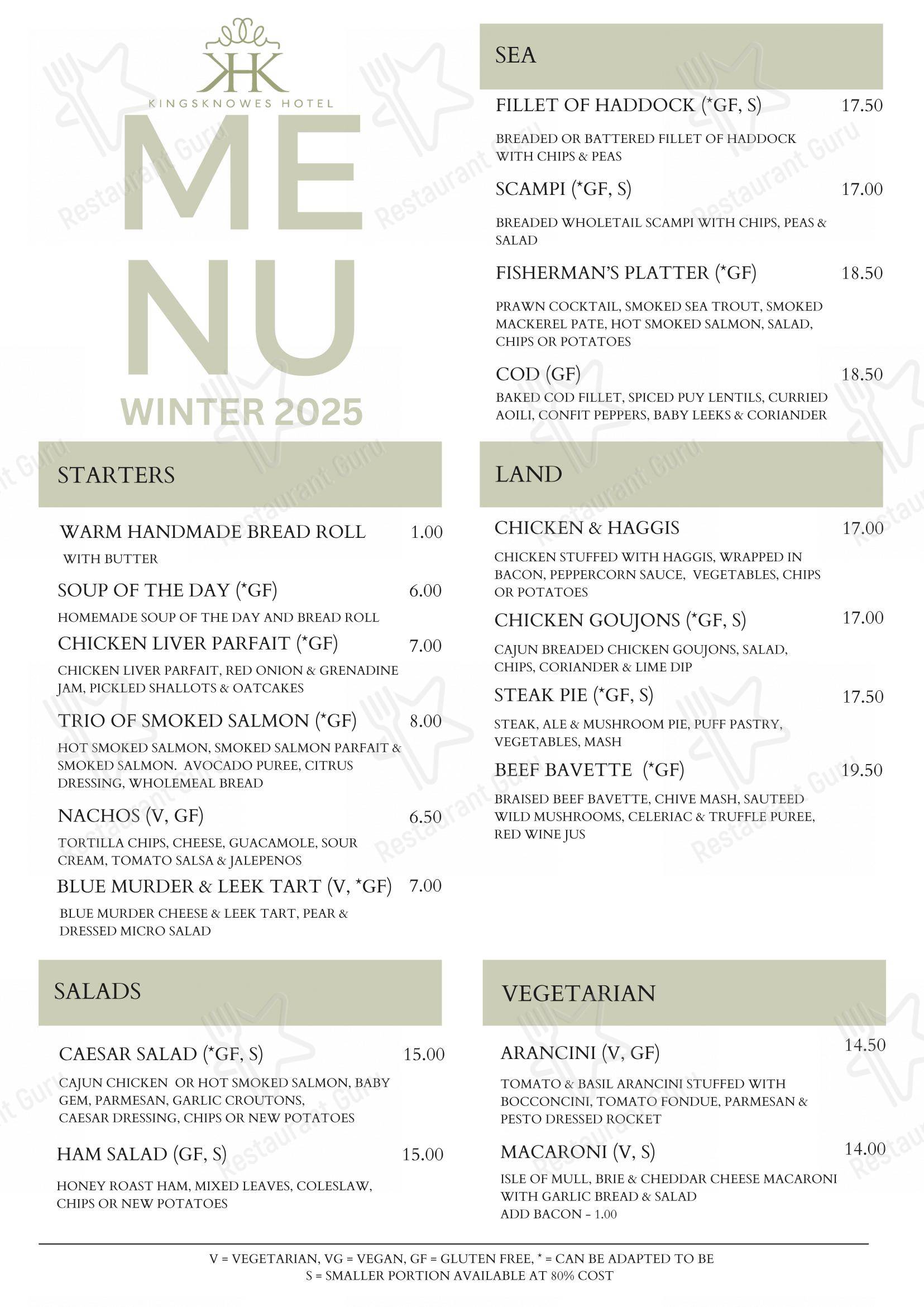 Menu at Kingsknowes Hotel restaurant, Galashiels